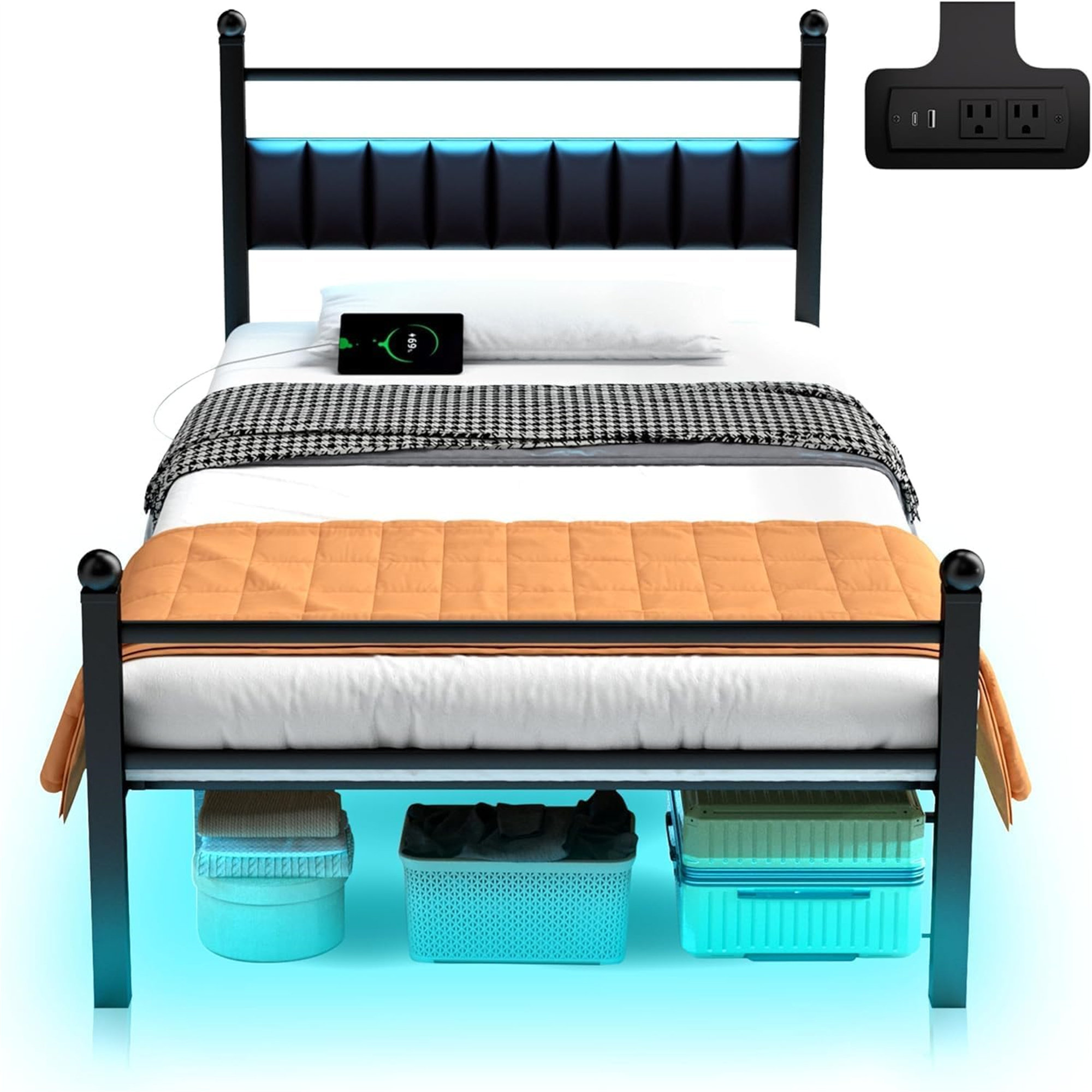 Wrought Studio™ Twin Bed Frames With LED Lights & Charging Station ...