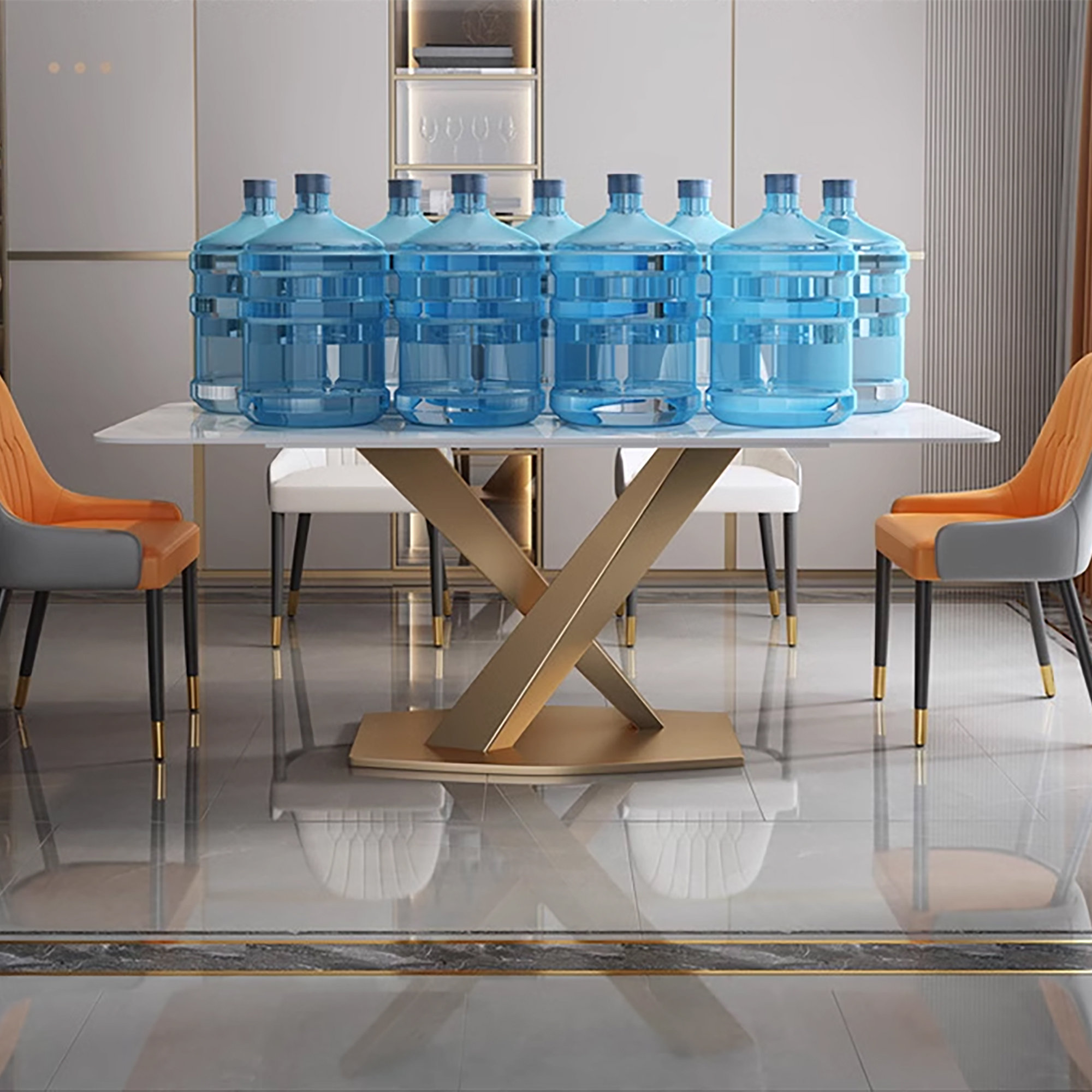 Orren Ellis Lesle Rectangular Stone Top Dining Table with Gold X-Base ...