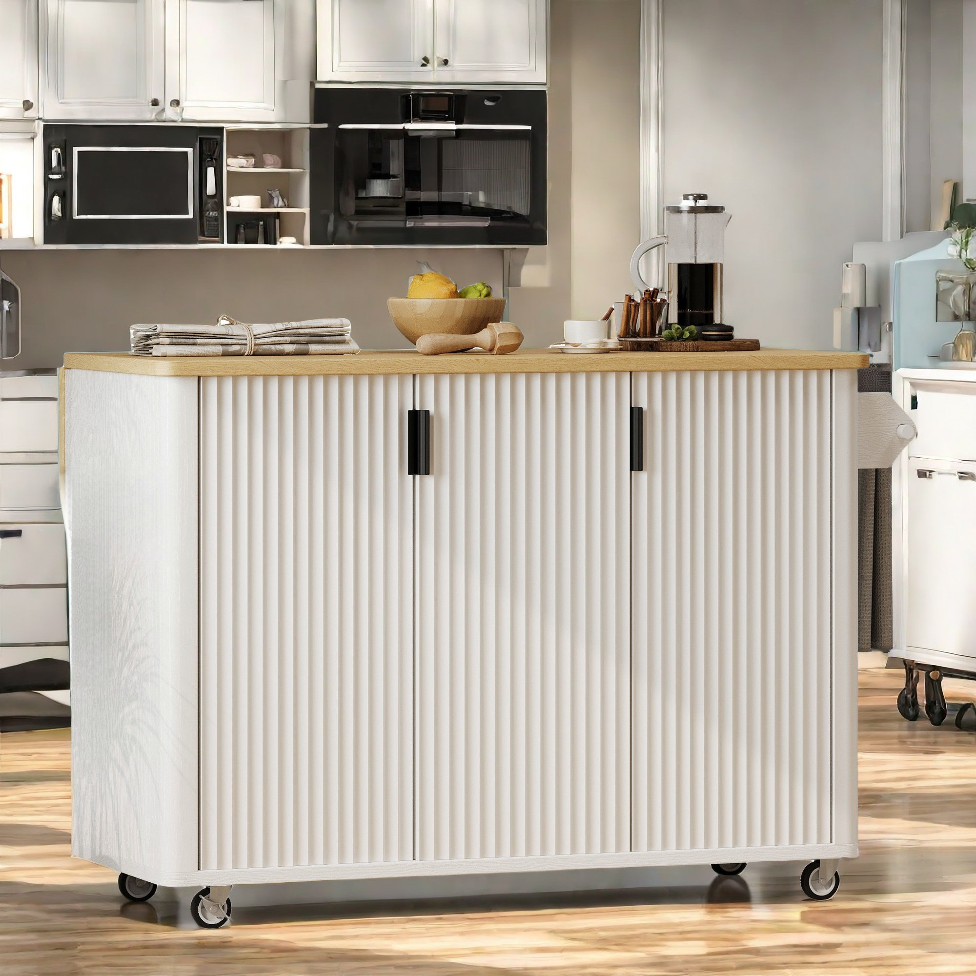 Latitude Run® Fluted Kitchen Island With Drop Leaf, Internal Storage ...