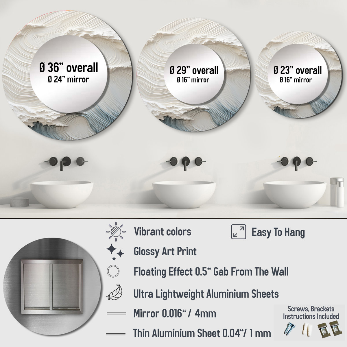 Design Art White Coastal wave Style I - Round Coastal Mirror on metal ...