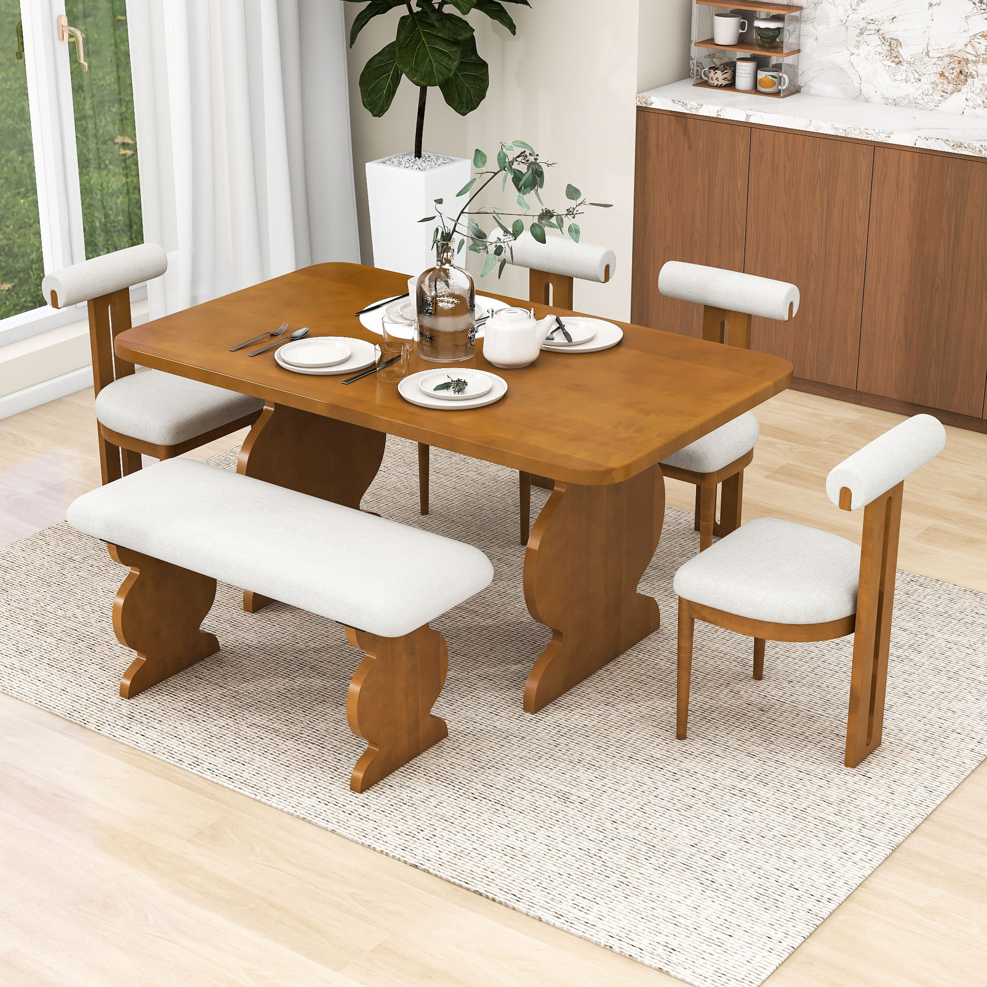 Latitude Run® Hanzala 6-Piece Dining Set, Wooden Table with Unique Wavy ...