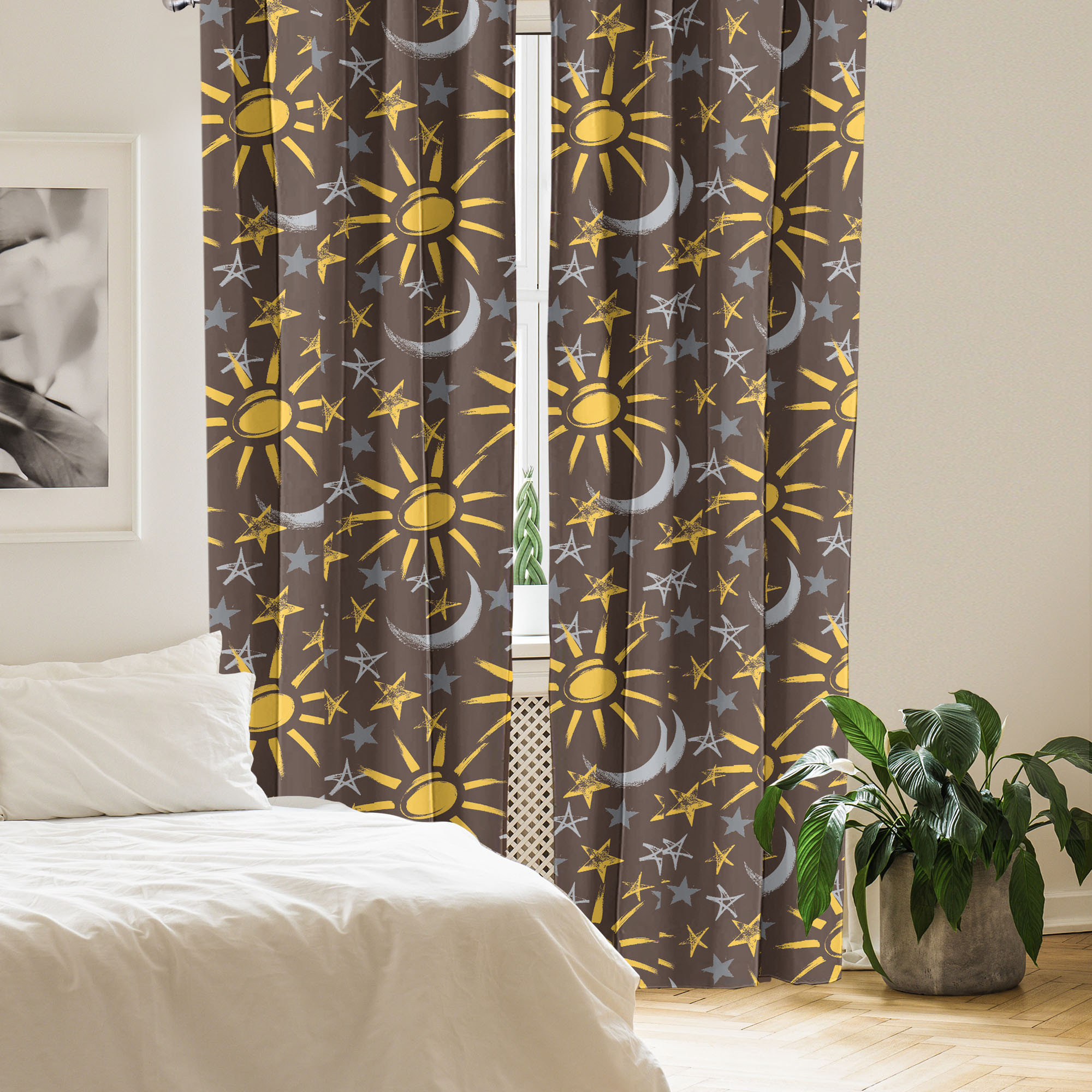 East Urban Home Minimal Curtains Stars Crescent Moon Sun Art Pair ...