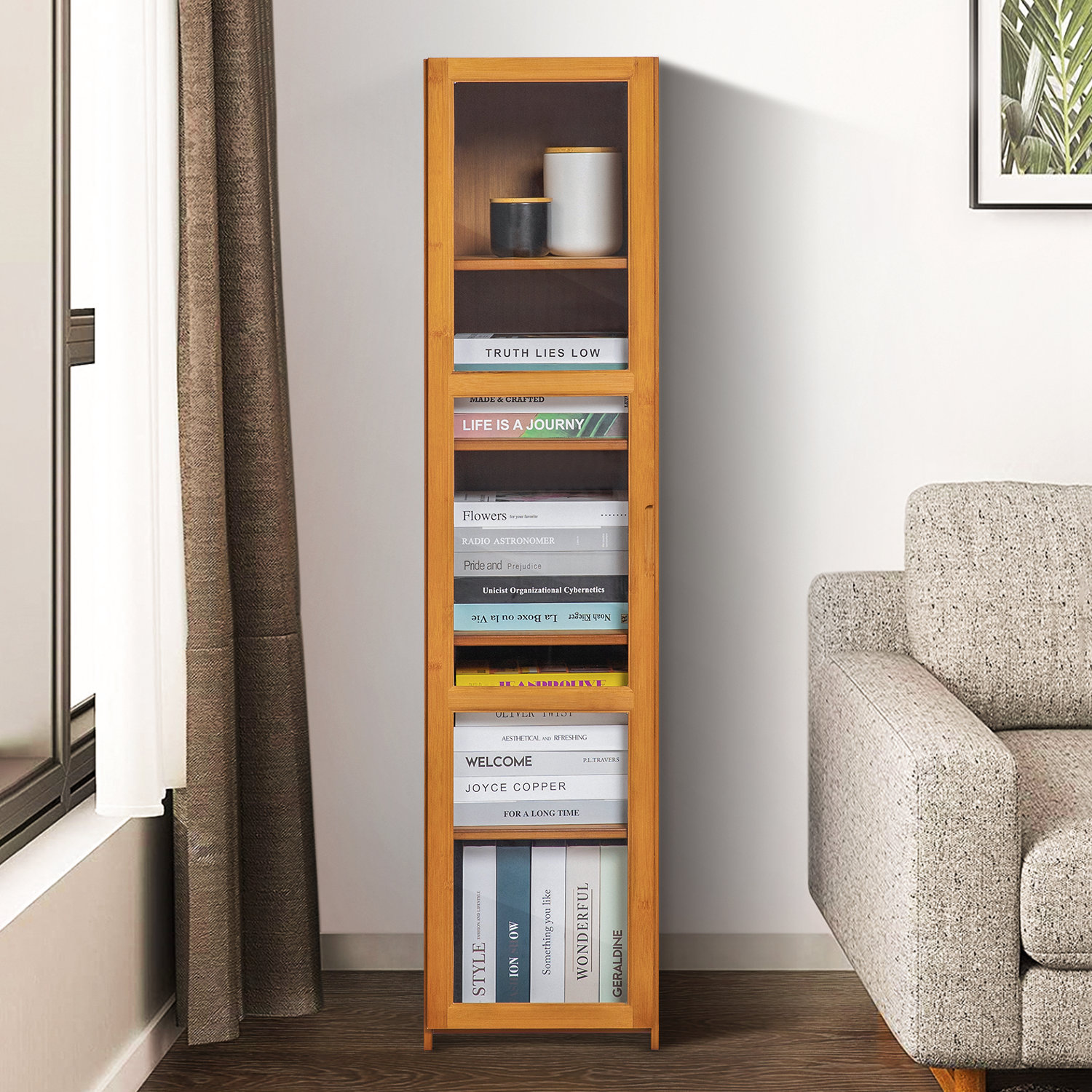 MoNiBloom Bamboo Narrow 5 Tiers Standard Bookcase with Acrylic Doors ...