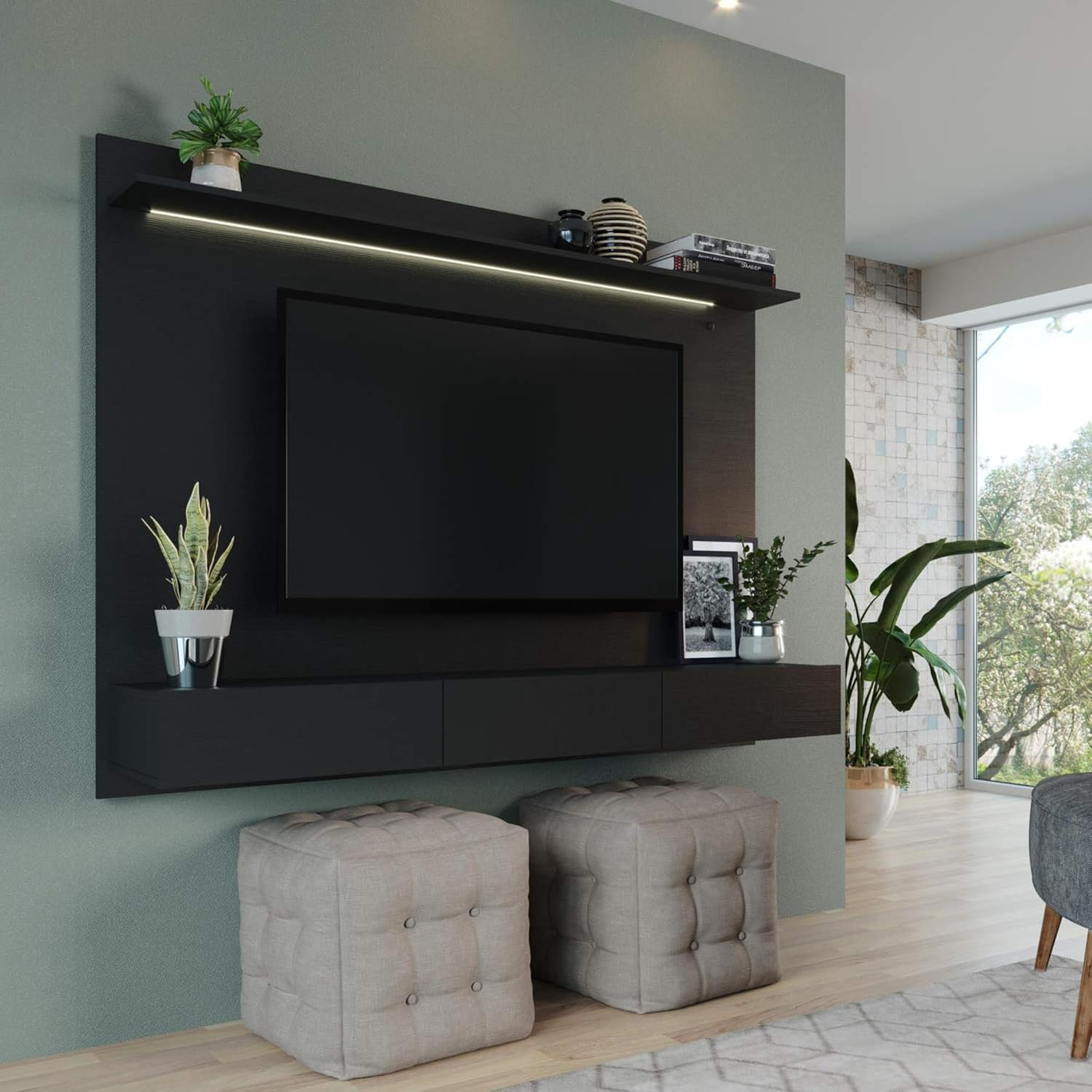 INKEDZ Modern Wall Mounted Entertainment Center, Floating TV Natural ...