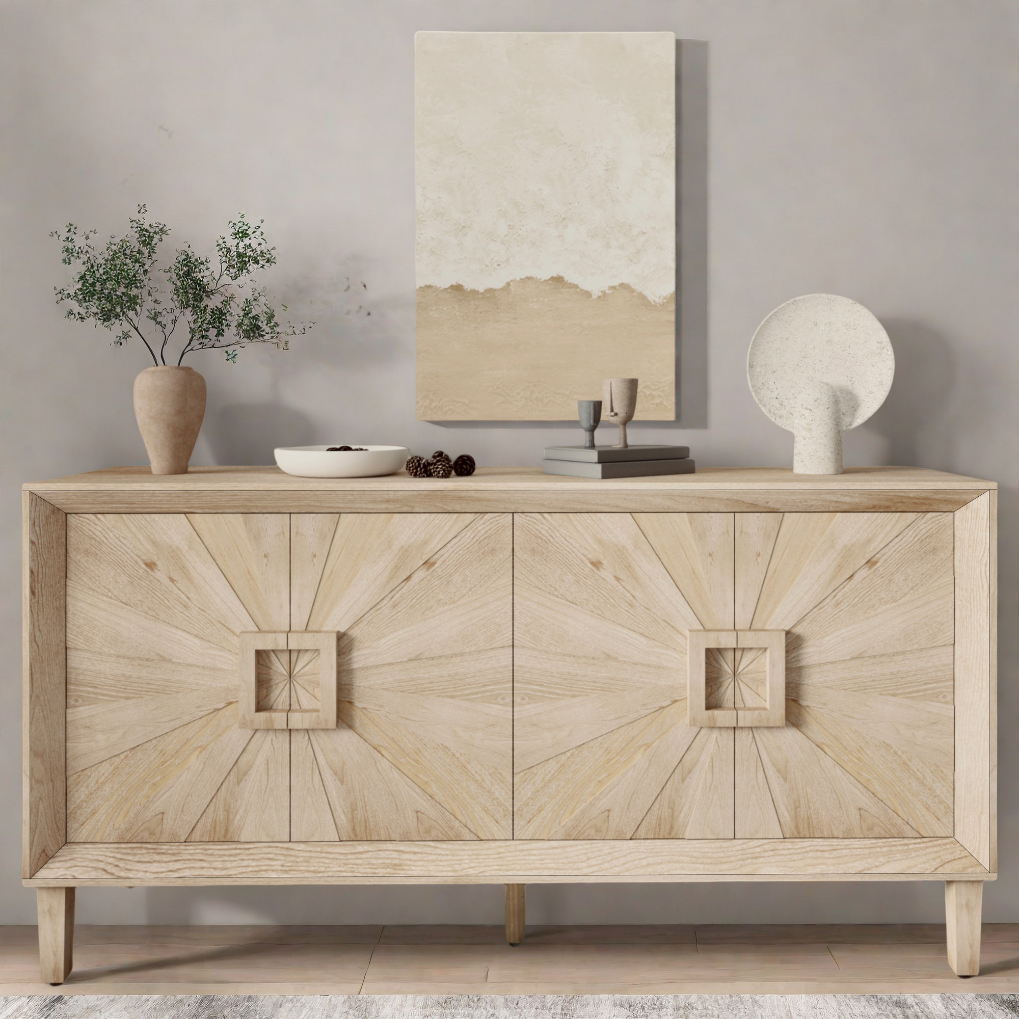 Ebern Designs 60'' Premium Rustic American Farmhouse Credenza - Symmetrical Sunburst Door Design ...