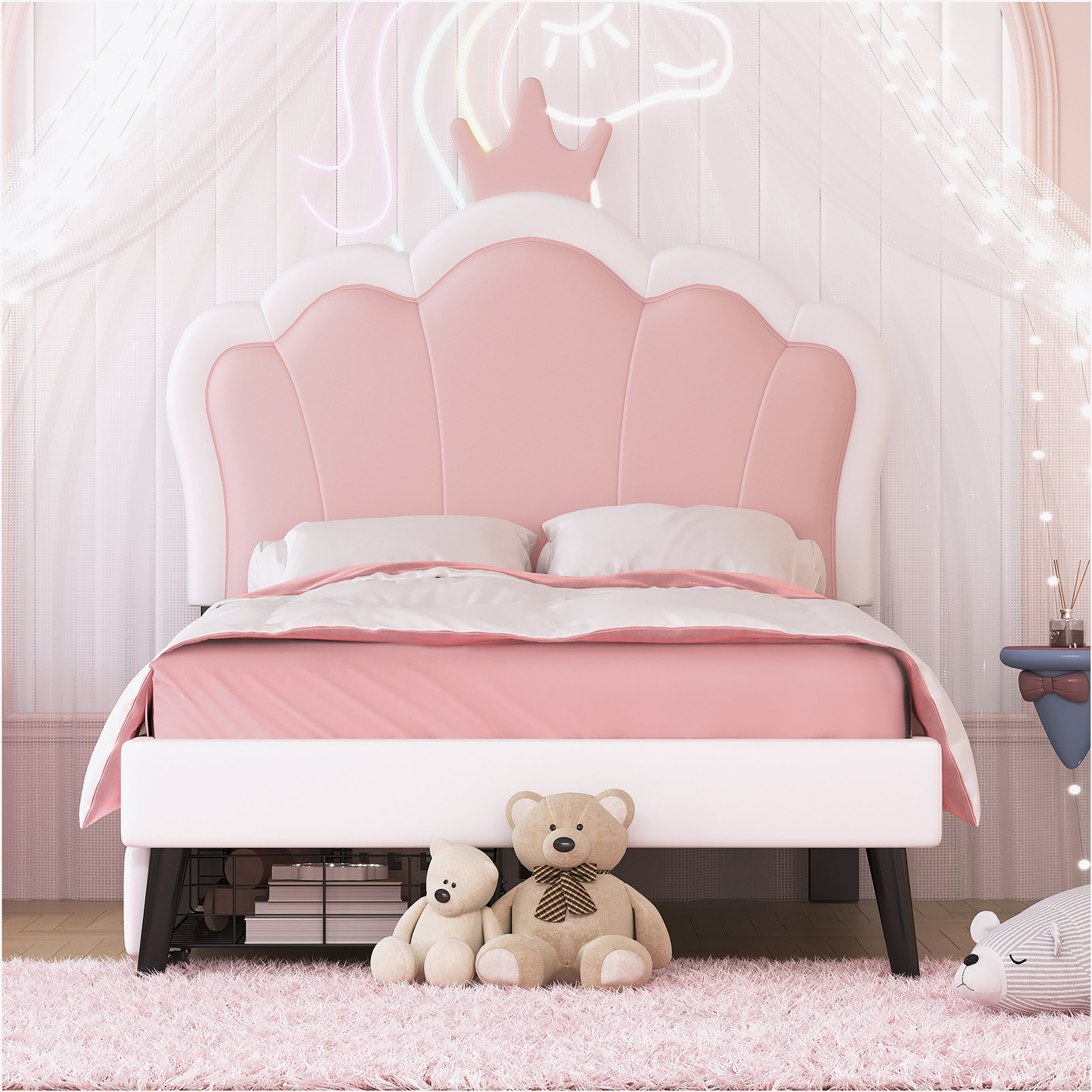 Gemma Violet Upholstered Princess Bed With Crown Headboard And 2 ...
