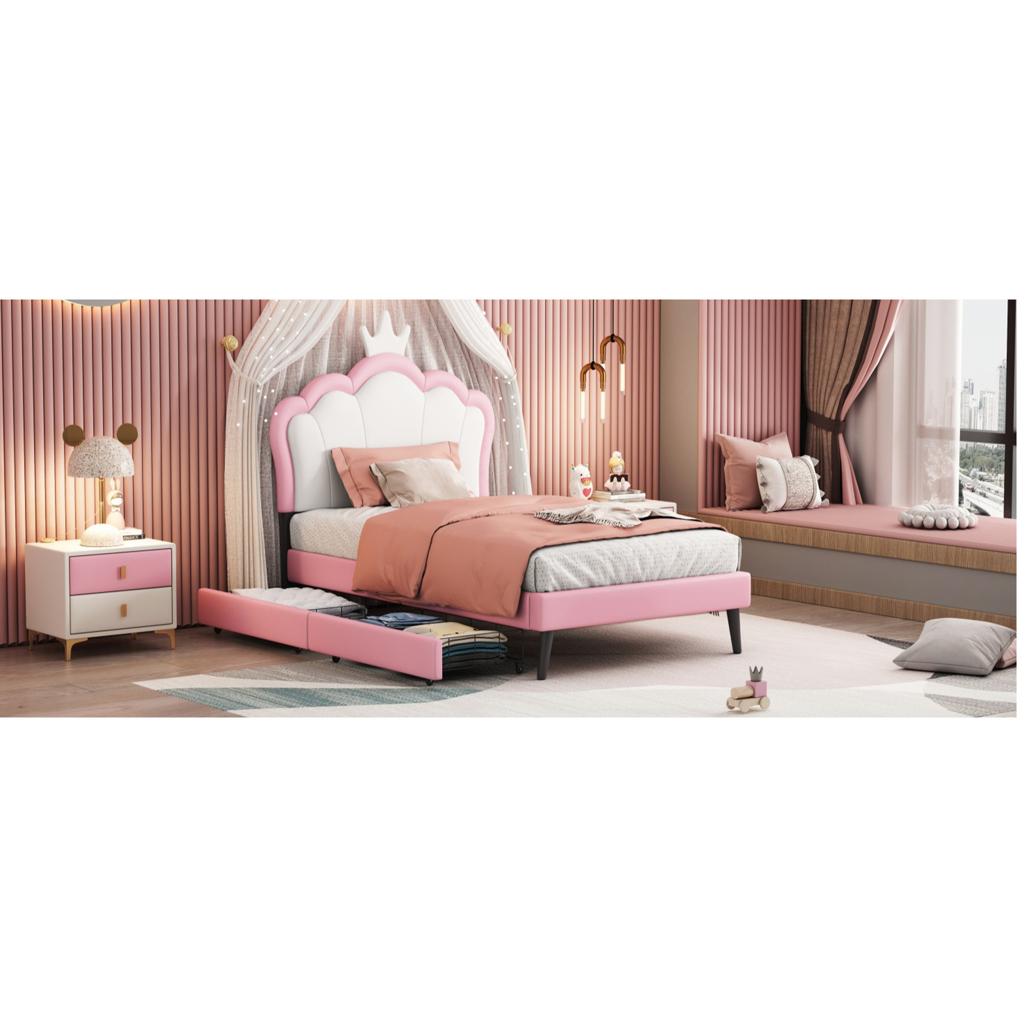 Wentygam Charming Princess Bed With Crown Headboard And Drawers, A ...