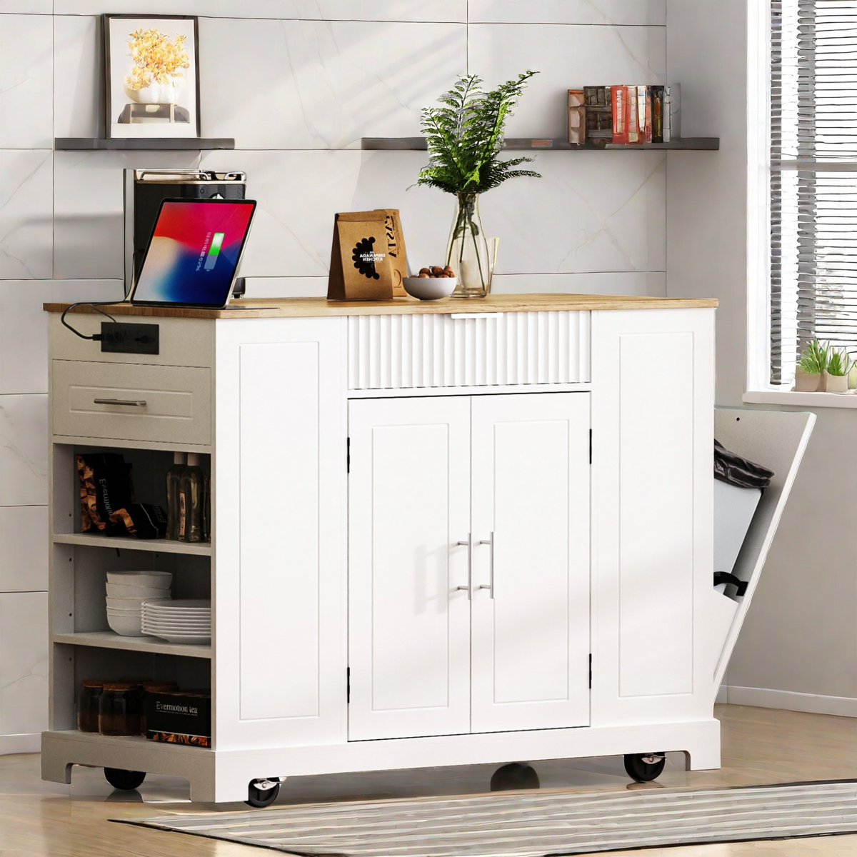 Lark Manor™ Fluted Kitchen Island With Tilt-out Trash Can, Power Outlet ...