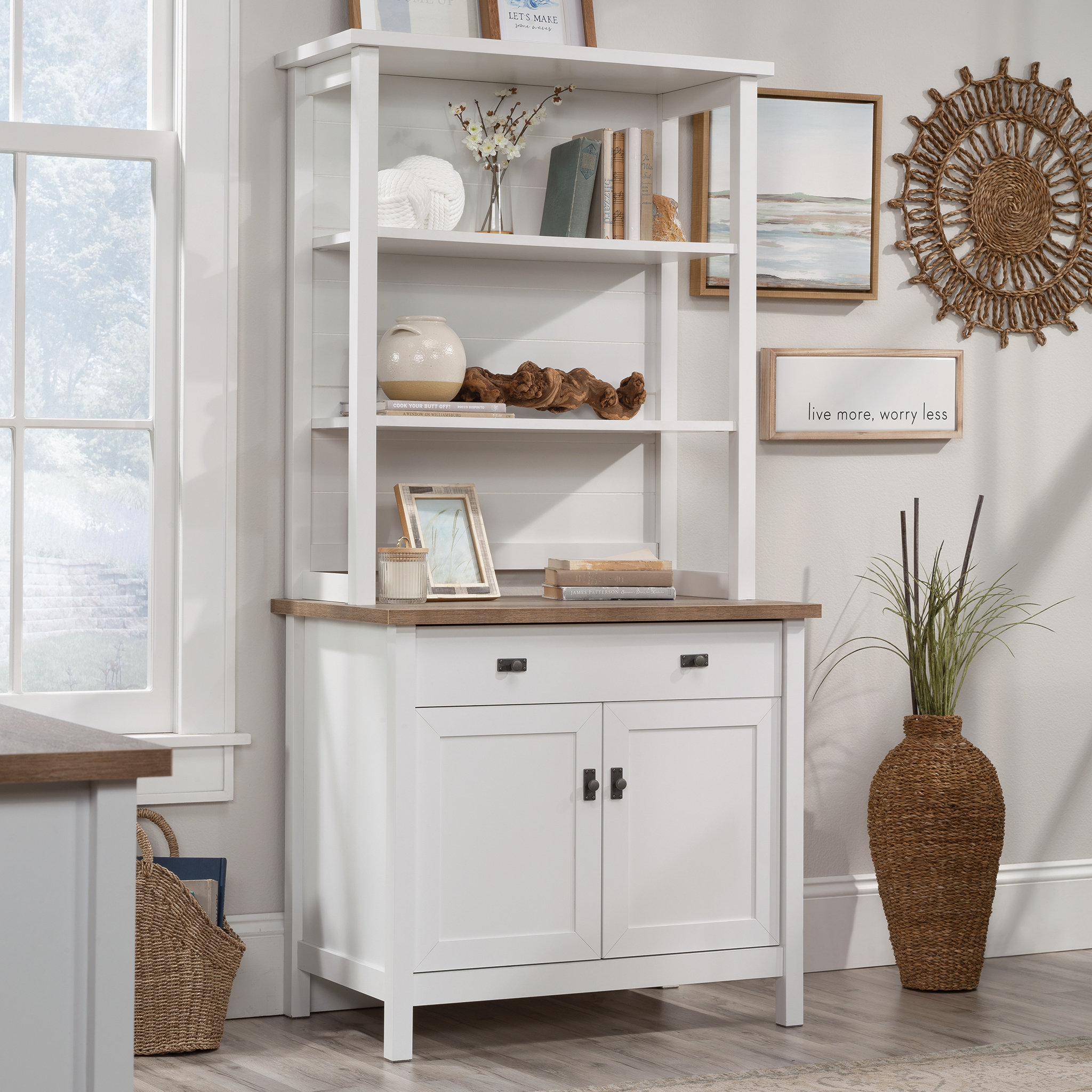 Alma Materne Library Storage Cabinet And Hutch Bundle In Laminate White ...