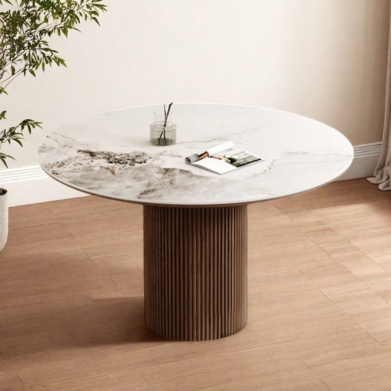 dujinlong home Modern Round Rock Slab Dining Table with Wood Base | Wayfair