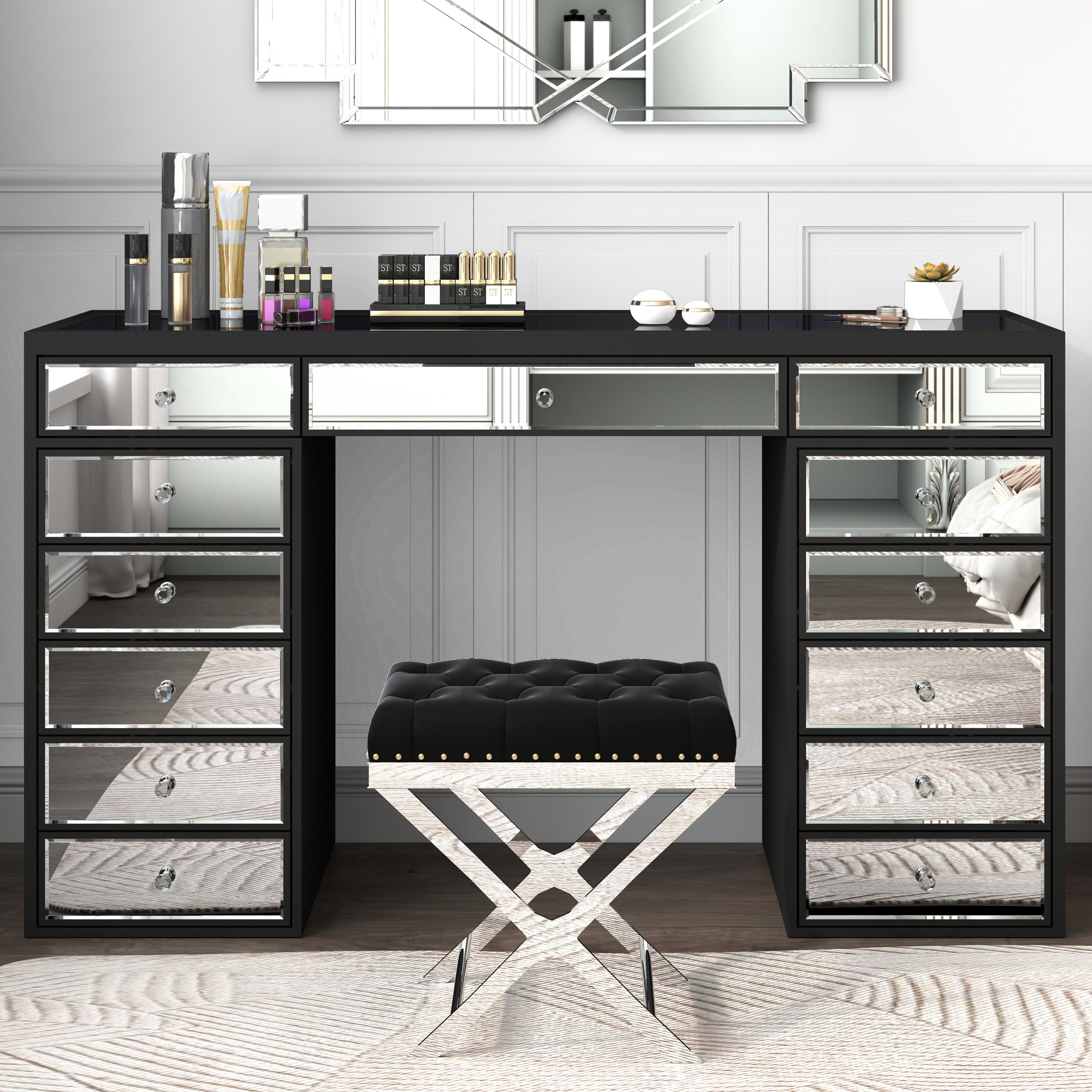Blue Elephant Ninian Clear Glass top Dressing Table with 13 Storage ...