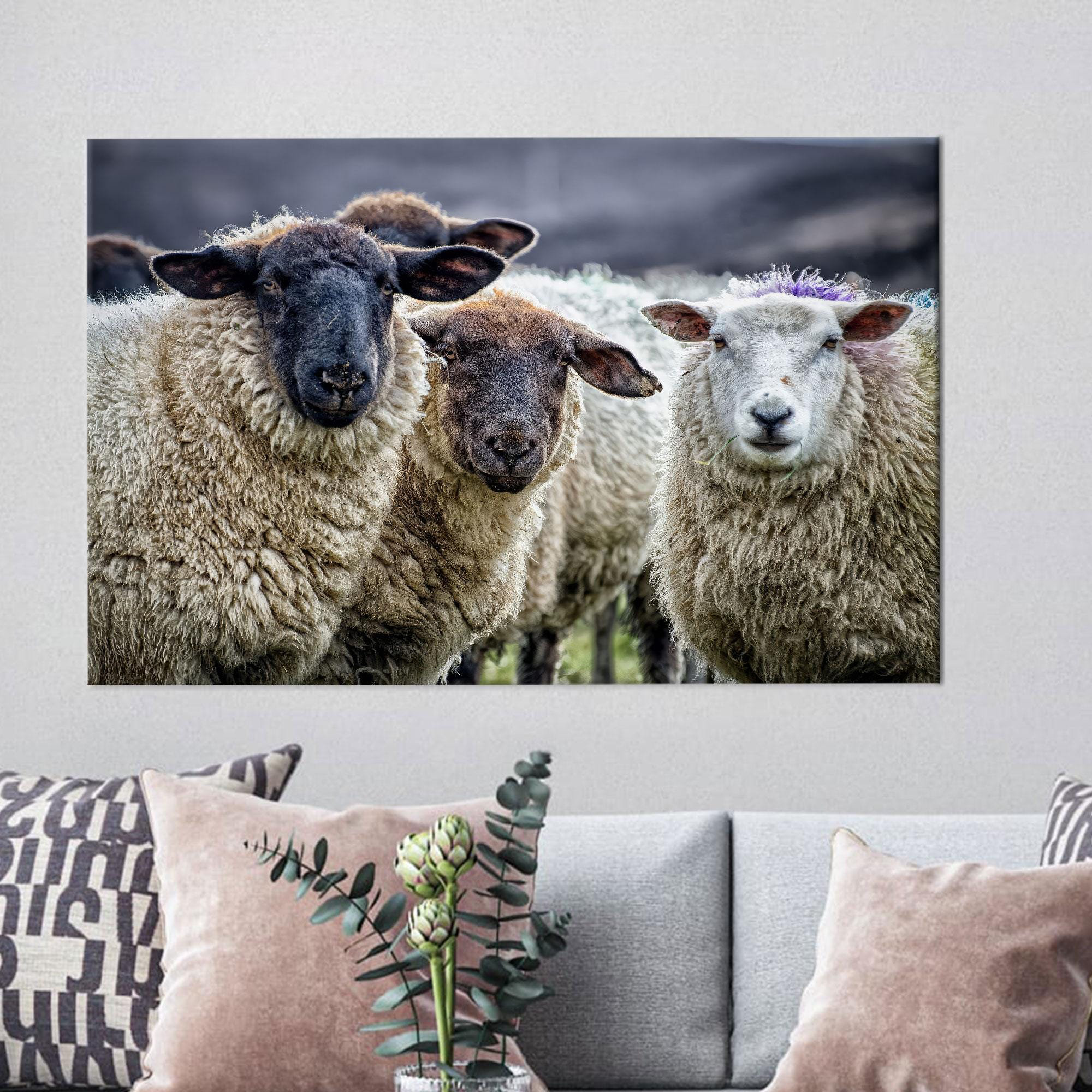 kayra export Large Farmhouse Canvas Print Featuring Three Sheeps in ...