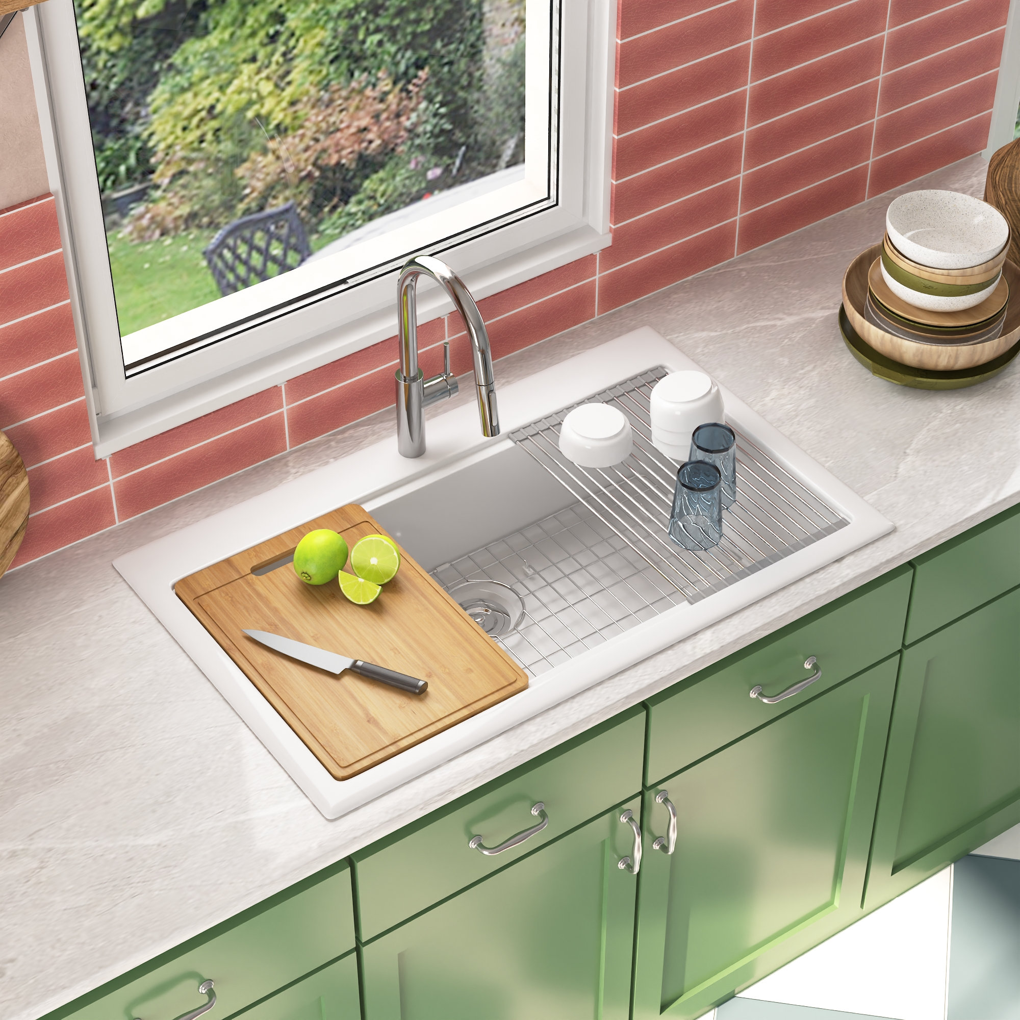 DeerValley 36" L Single Bowl Drop-in Workstation Kitchen Sink Fireclay ...