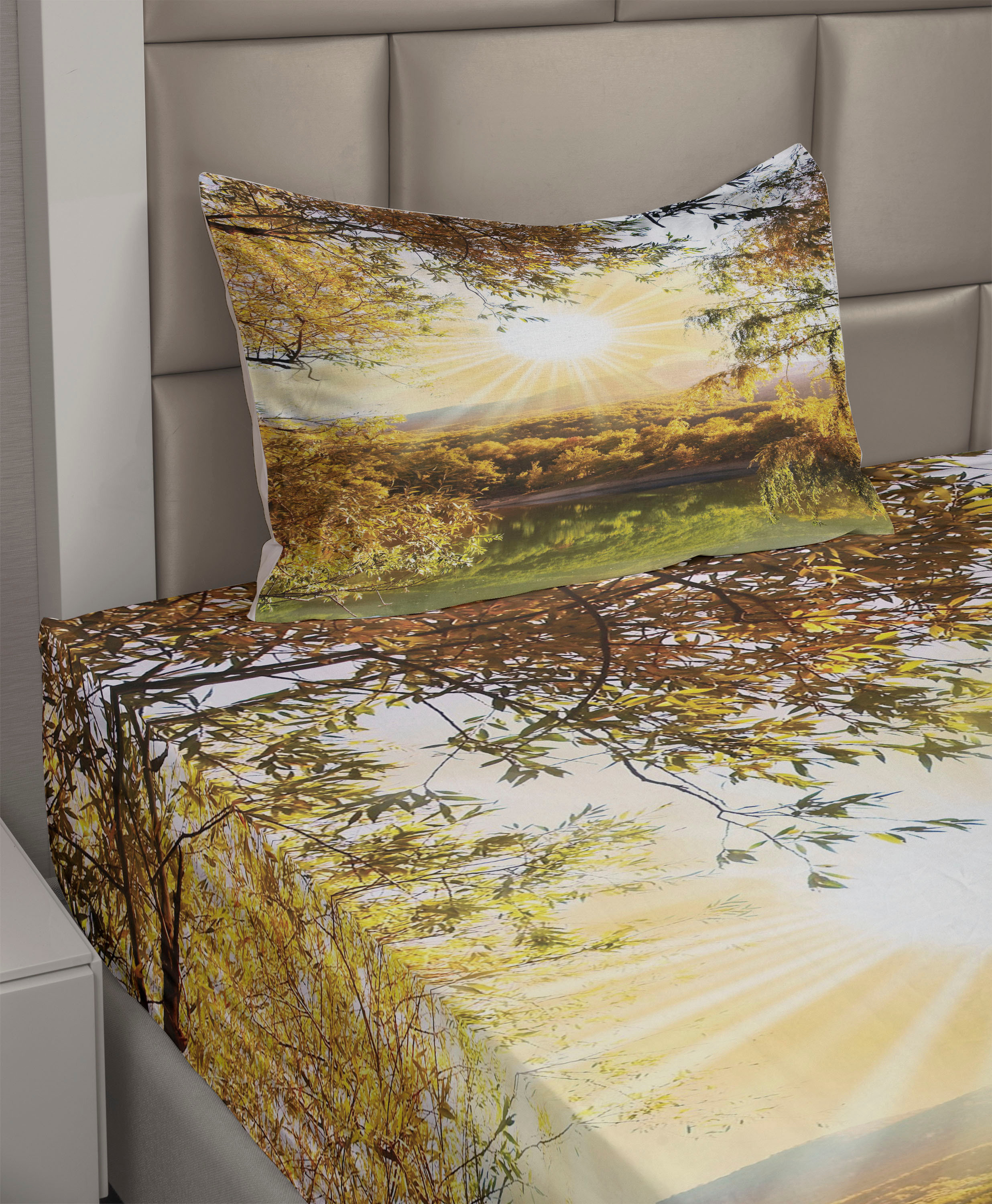 Ambesonne Sunset Sheet Set Sundown Scenery Woodland Khaki Pale Green ...