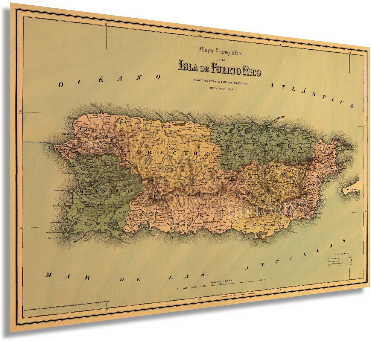 HISTORIC PRINTS Historix Vintage 1886 Puerto Rico Map Wall Art - 16X24 ...