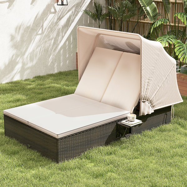Highland Dunes 2-person Rattan Lounge Bed w/ Retractable Canopy 5 ...