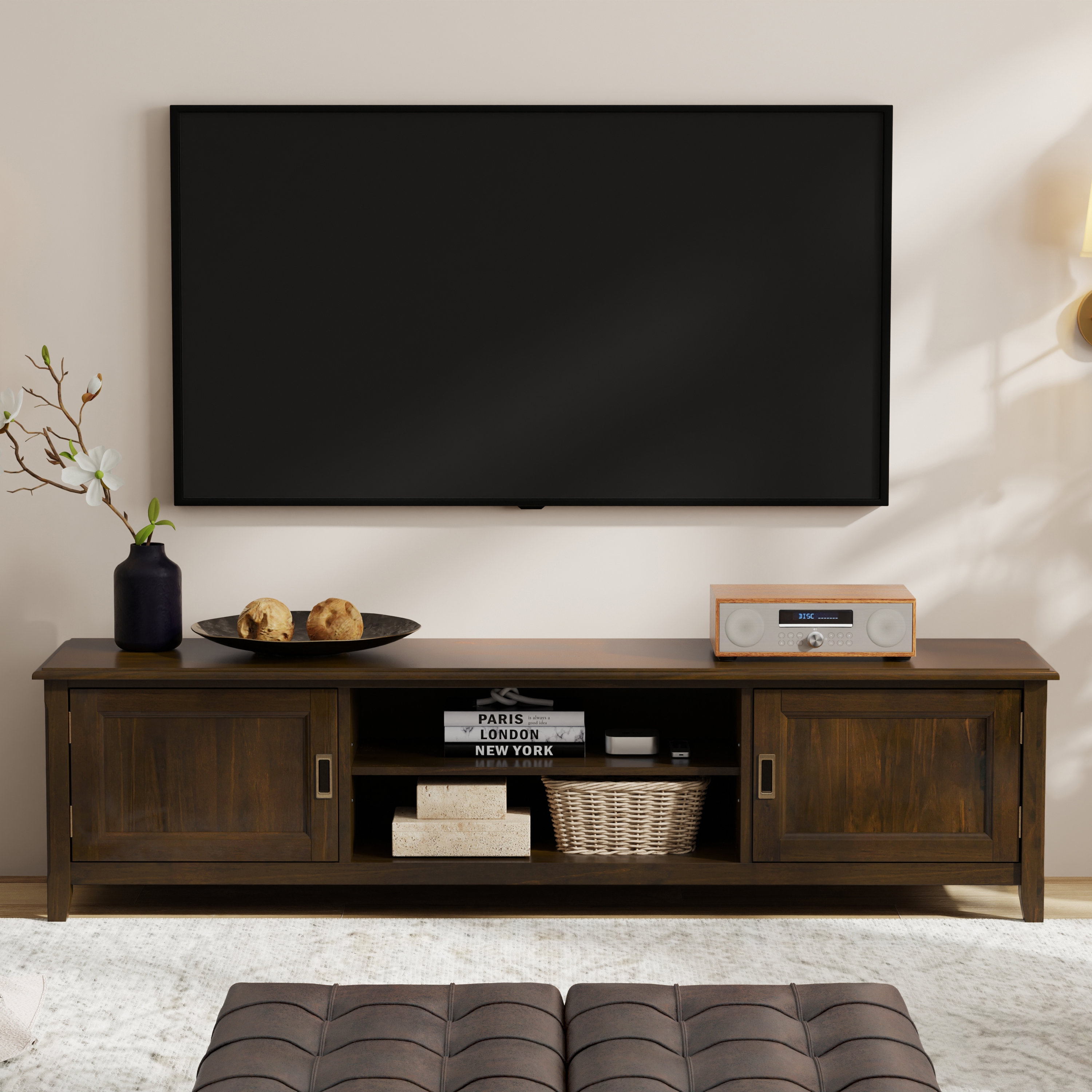 Simpli Home Burlington 72"W Solid Wood Low TV Stand for TVs up to 80 ...