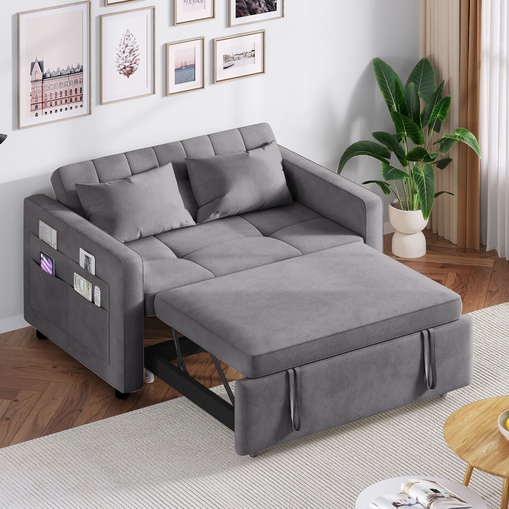 Ebern Designs Osvani 55'' Velvet Reclining Sleeper Sofa, Convertible ...