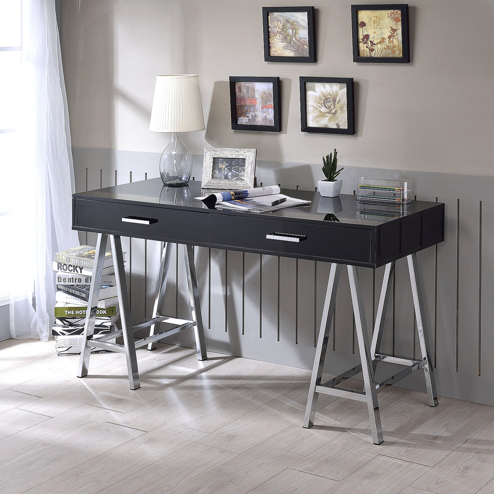 Corrigan Studio 2 Drawers Writing Desk With Metal Base High Gloss And ...