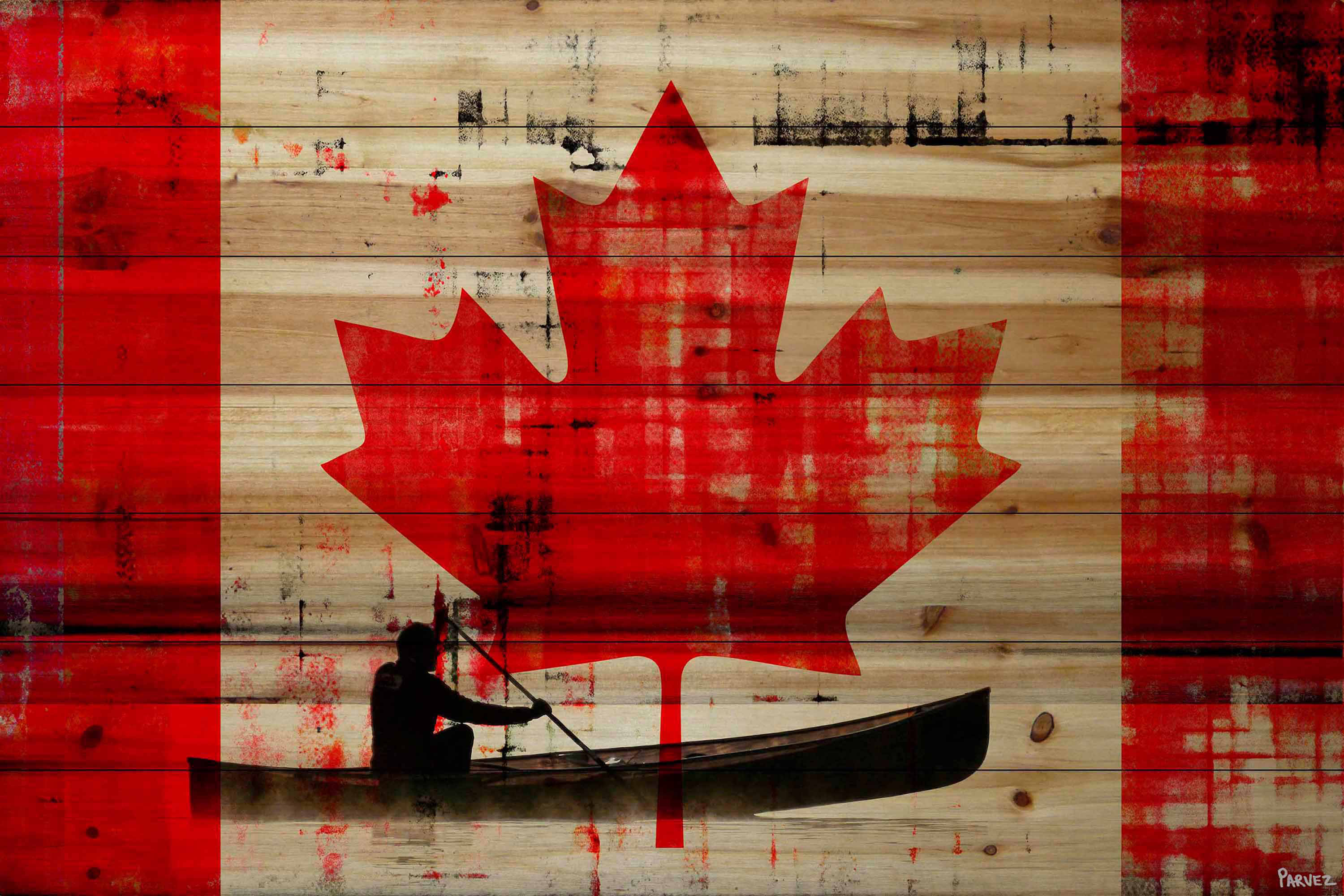 Parvez Taj 'Red Leaf and Canoe' Painting Print on Natural Pine Wood ...