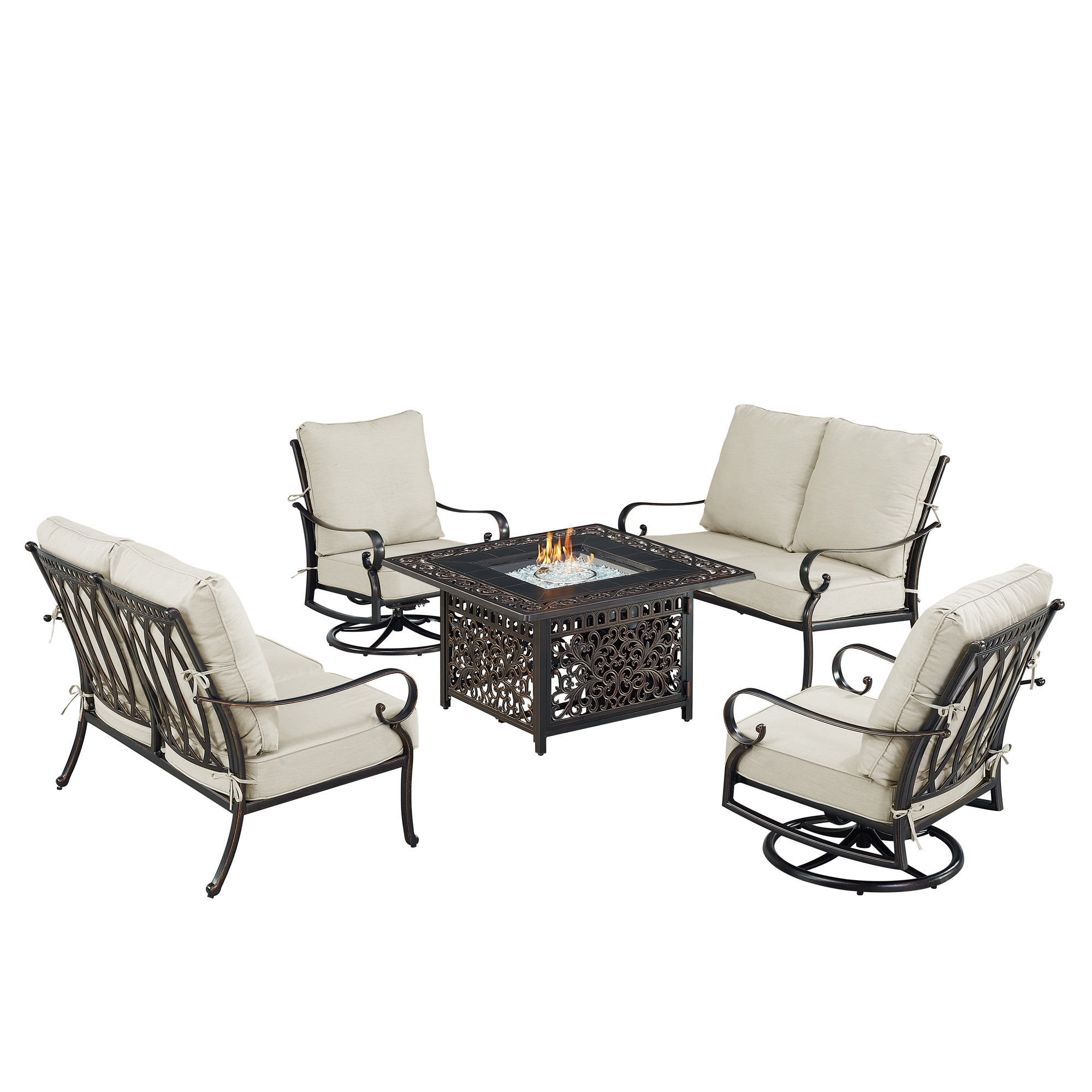 Oakland Living Black Aluminum Fire Table Set with Two Loveseats and Two ...