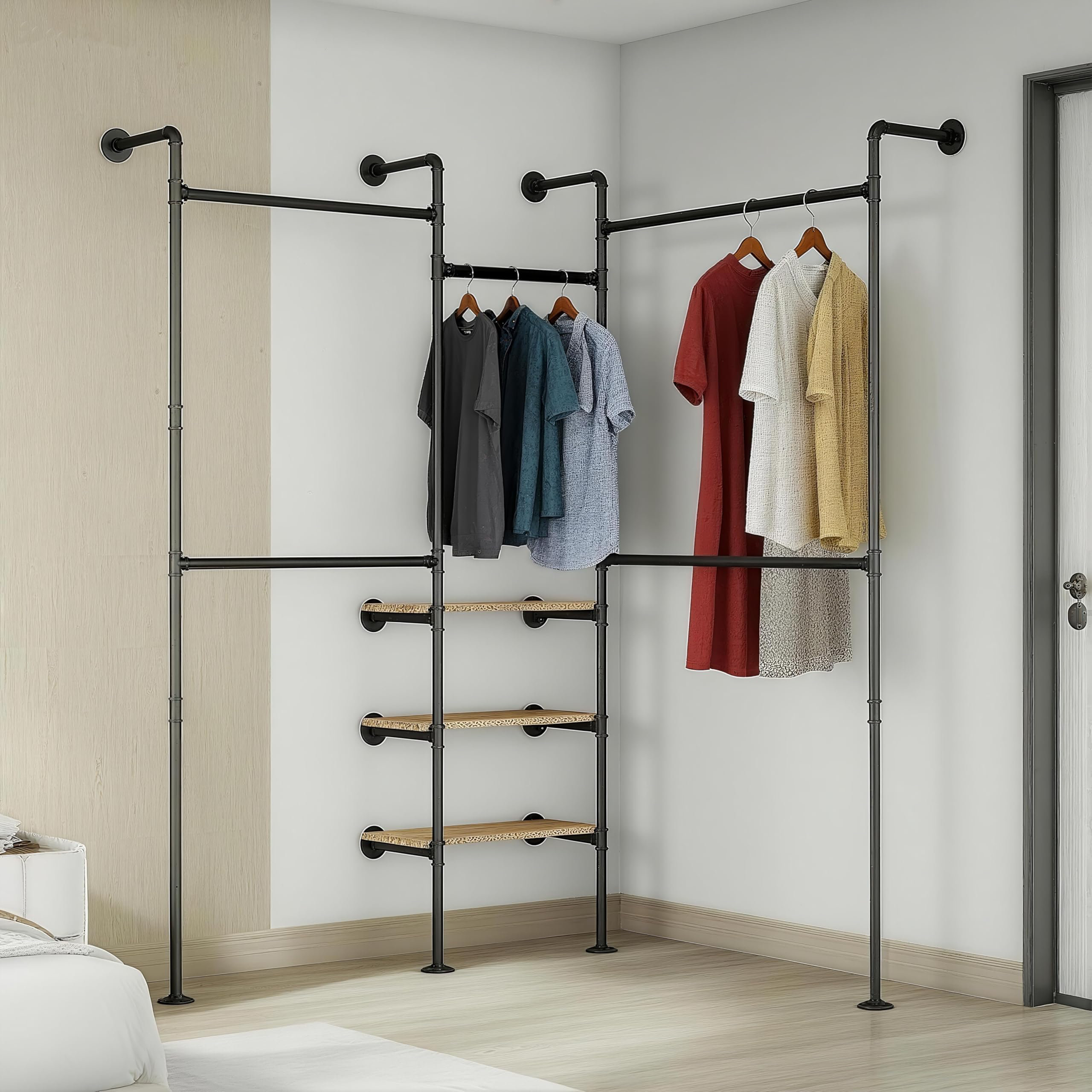 Rebrilliant Industrial Pipe Clothing Racks with 3 Shelves, Black Wall ...