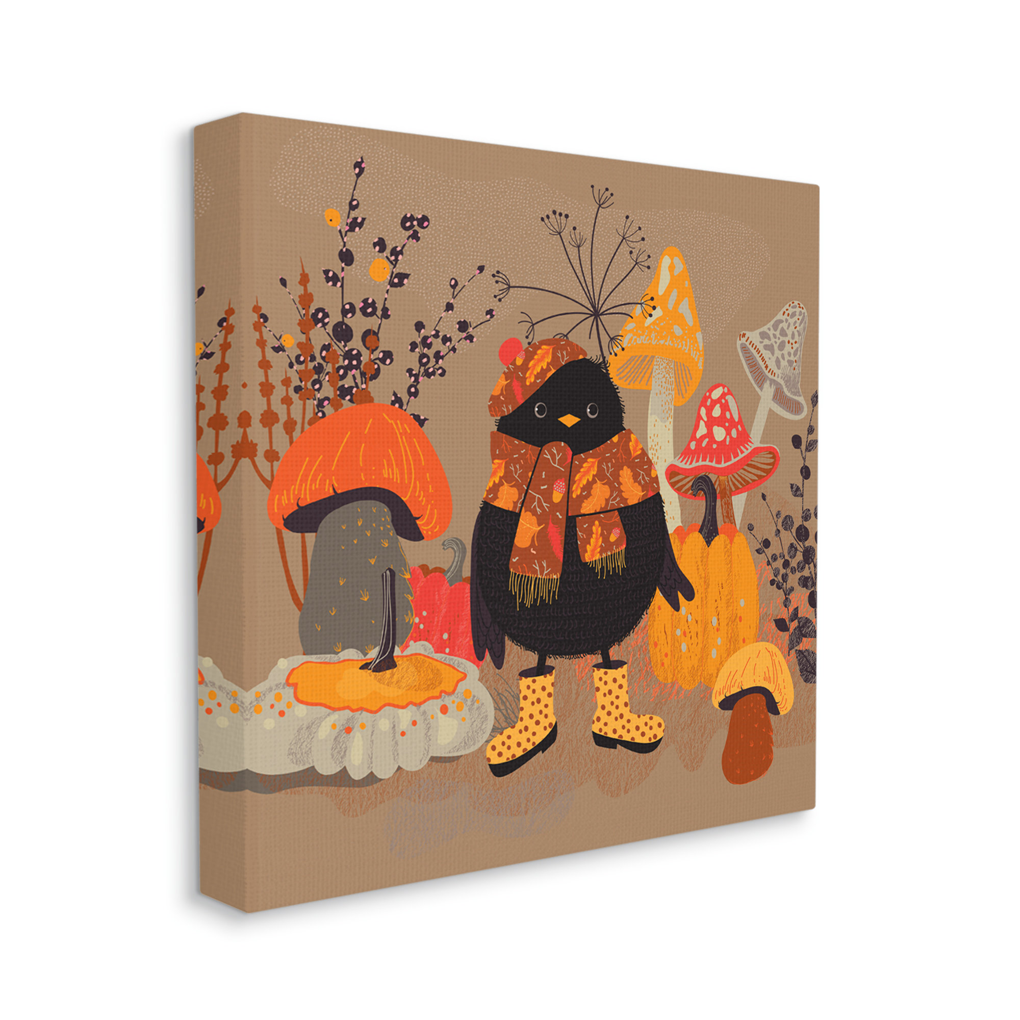 Stupell Industries Cozy Crow with Mushrooms by Verbrugge - Wrapped ...