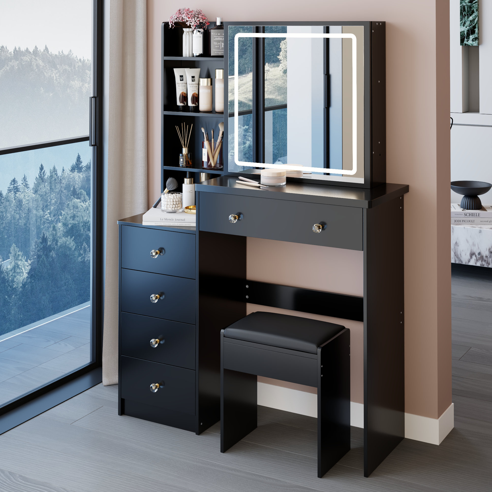 Ivy Bronx 37" Middle Size Left Bedside Cabinet Vanity Table + Cushioned ...