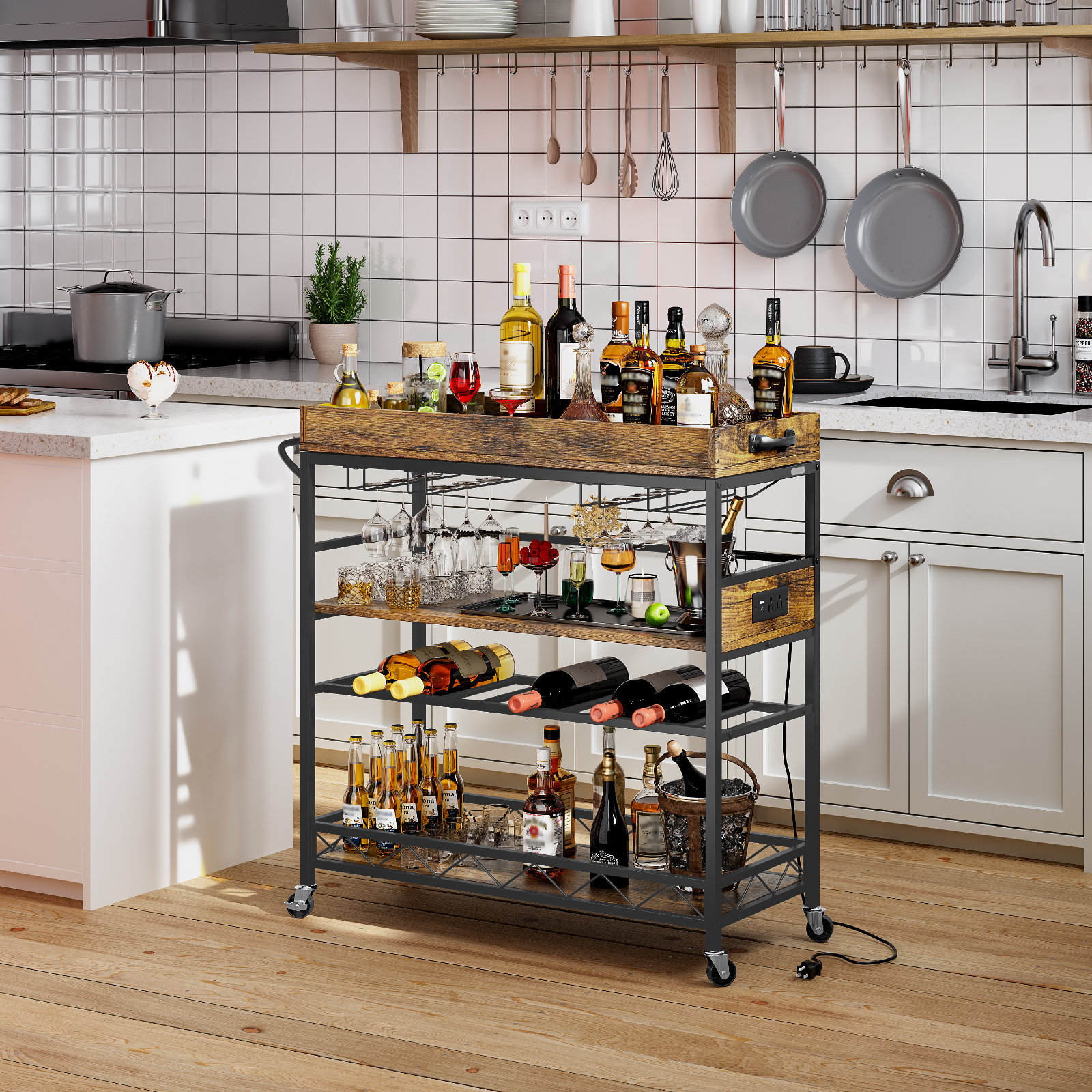 17 Stories Profirio Home Bar 3-Tier Rolling Serving Cart with Power ...