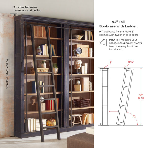 Birch Lane™ Lorna Rustic 94" Tall Bookcase Wall With Ladder, Storage ...