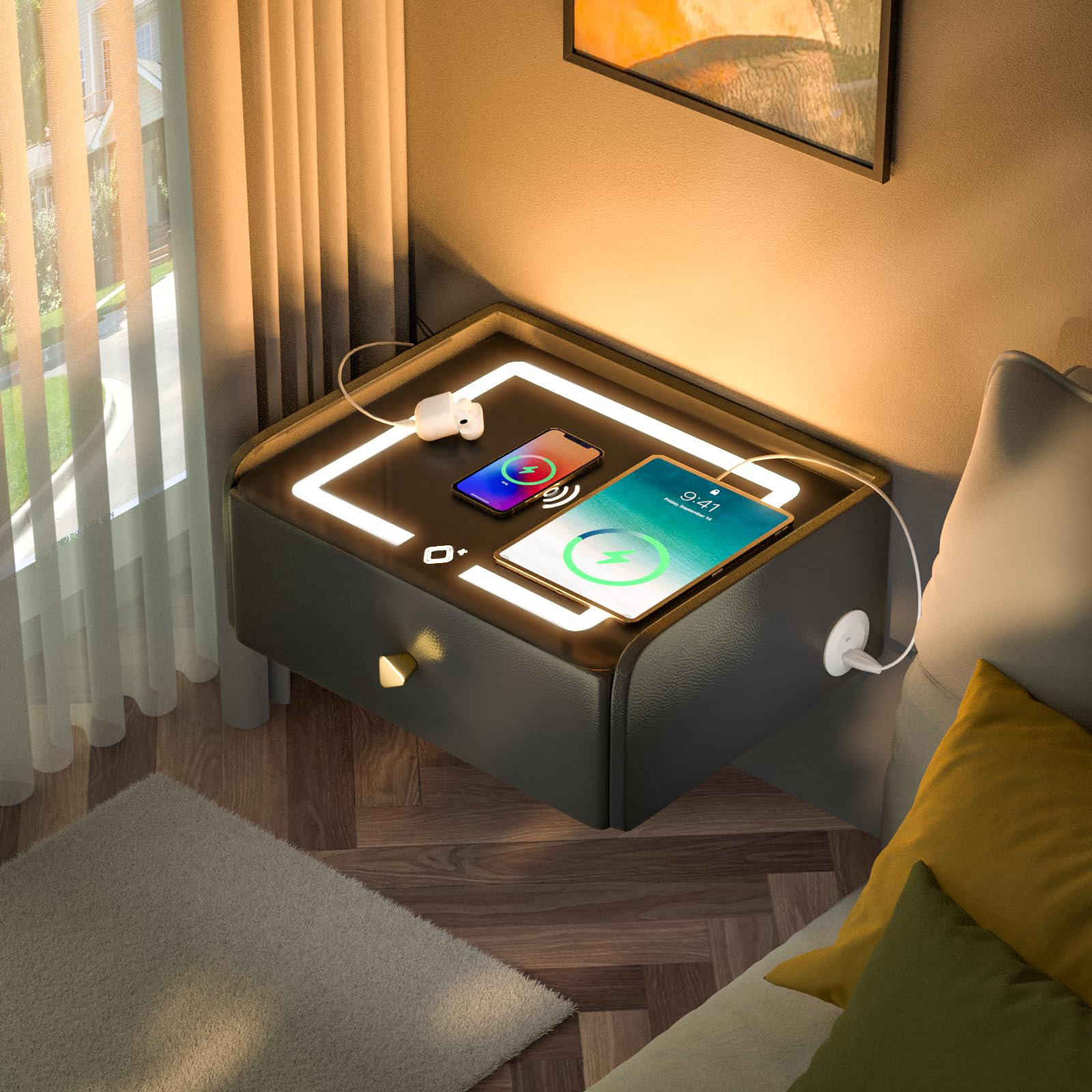Ivy Bronx Smart Nightstand Floating Nightstand LED Nightstand With ...
