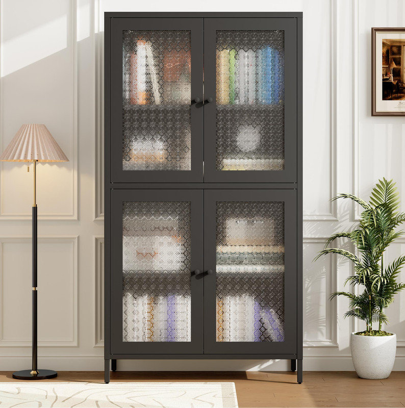 Latitude Run® Black Metal Display Cabinet - 4-Shelf Bookcase with ...