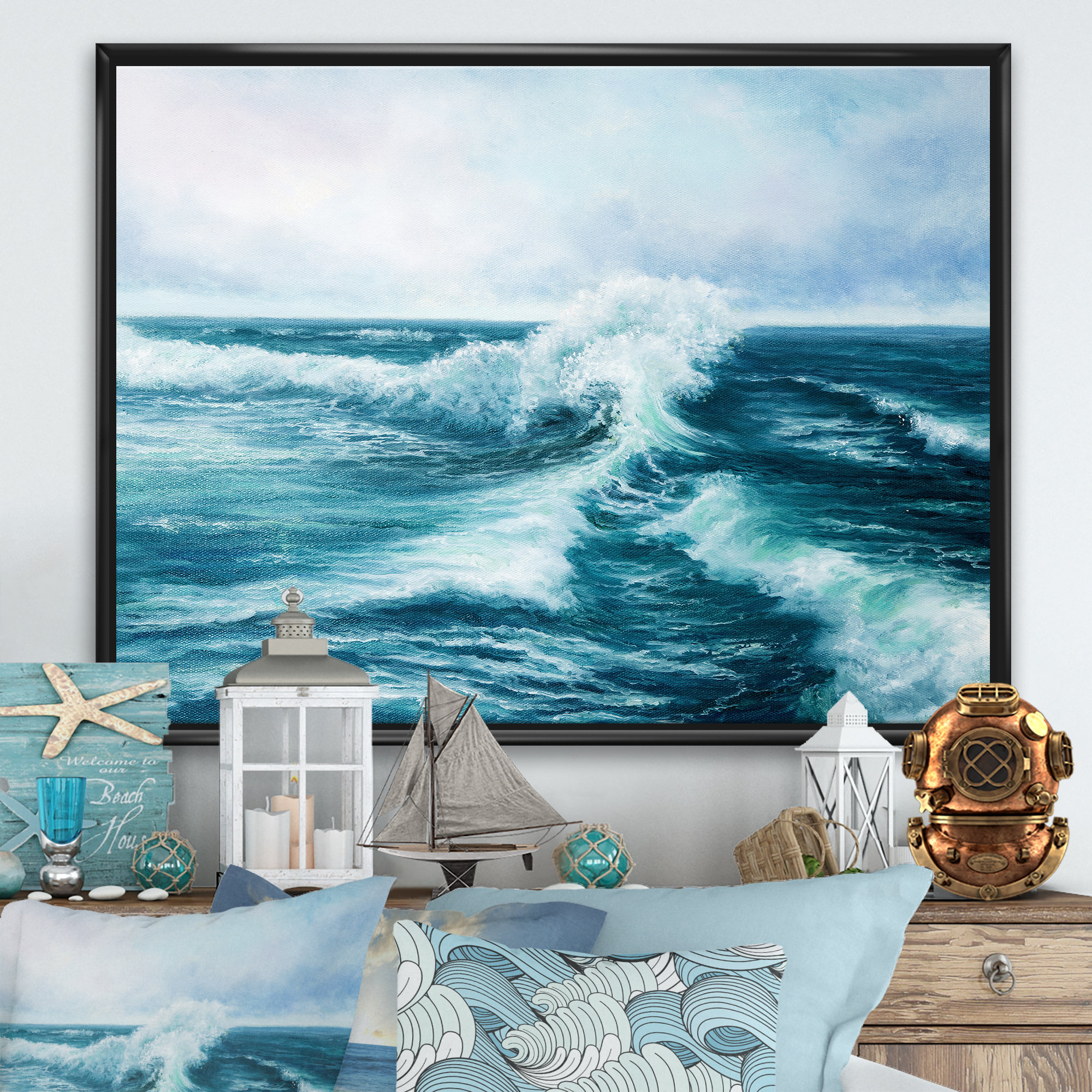 East Urban Home Wild Blue Ocean Waves II - Painting Print on Canvas ...