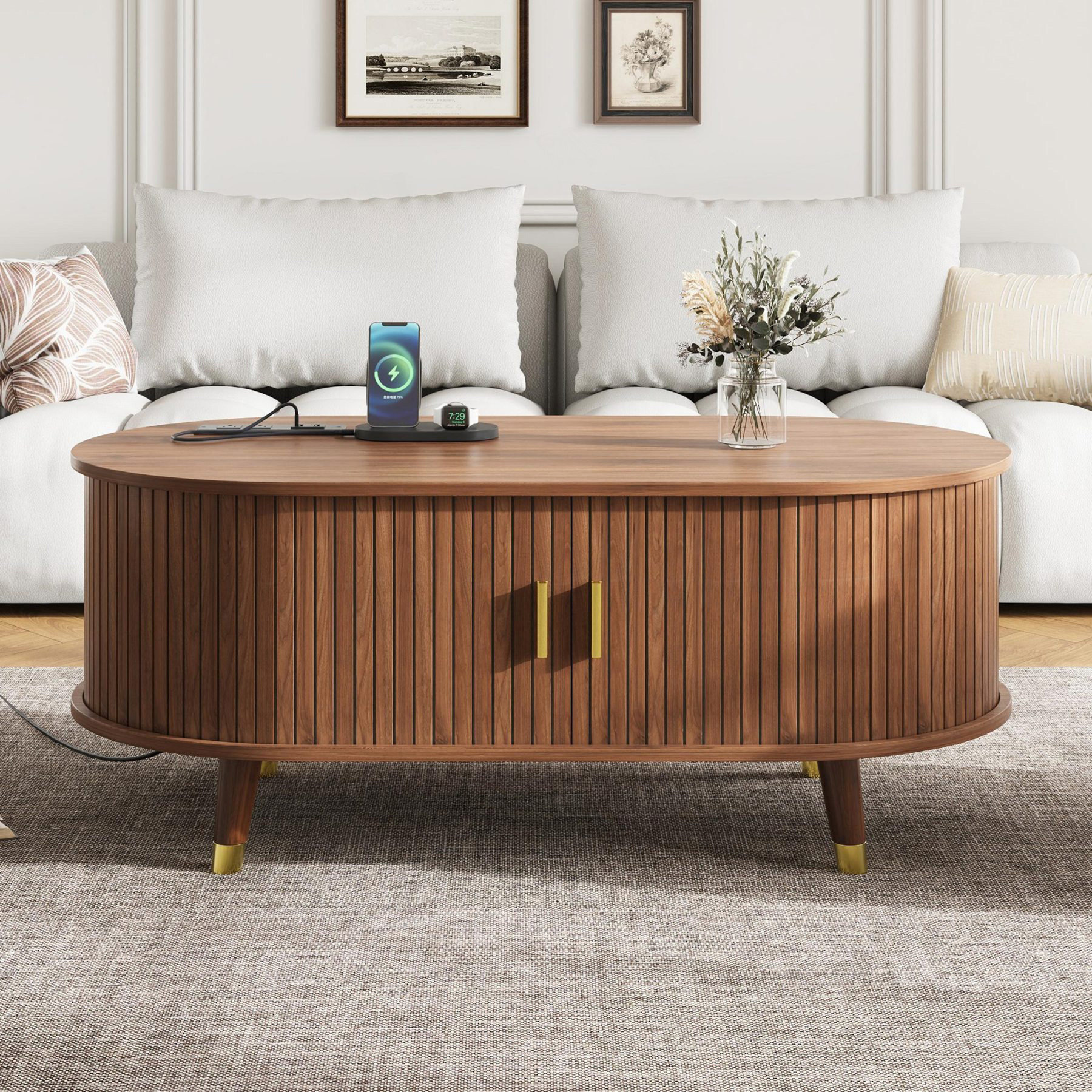 17 Stories Oval Fluted Coffee Table With Charging Station, Mid-Century ...