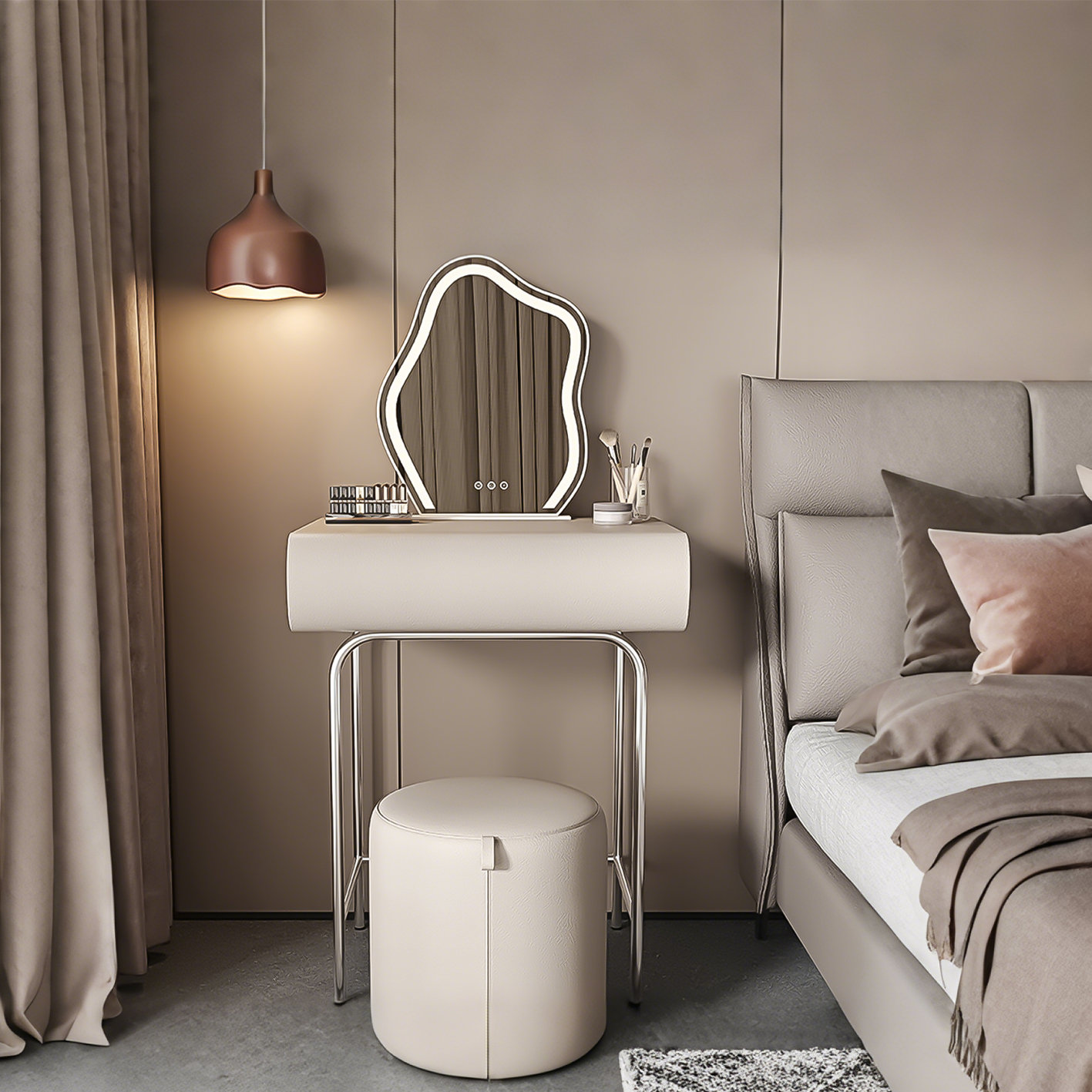 Orren Ellis Modern Minimalist White Mini Dressing Table with Stool ...