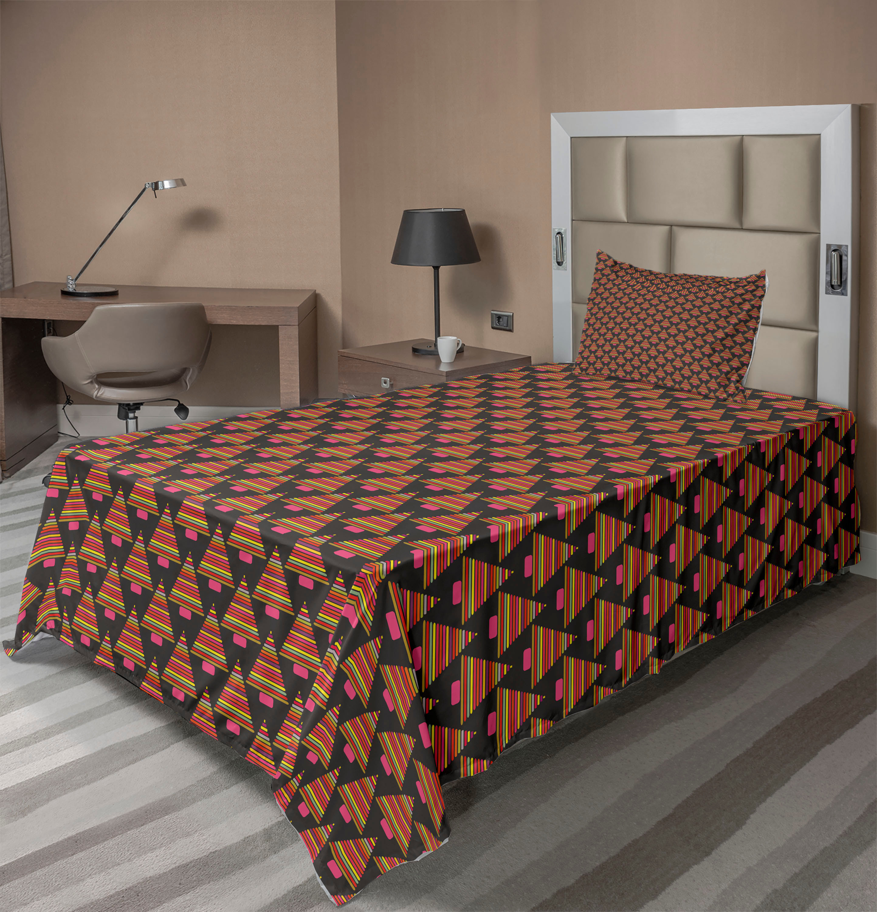 Ambesonne Christmas Sheet Set Xmas Trees-Shaped Lines Earth Yellow Pink ...