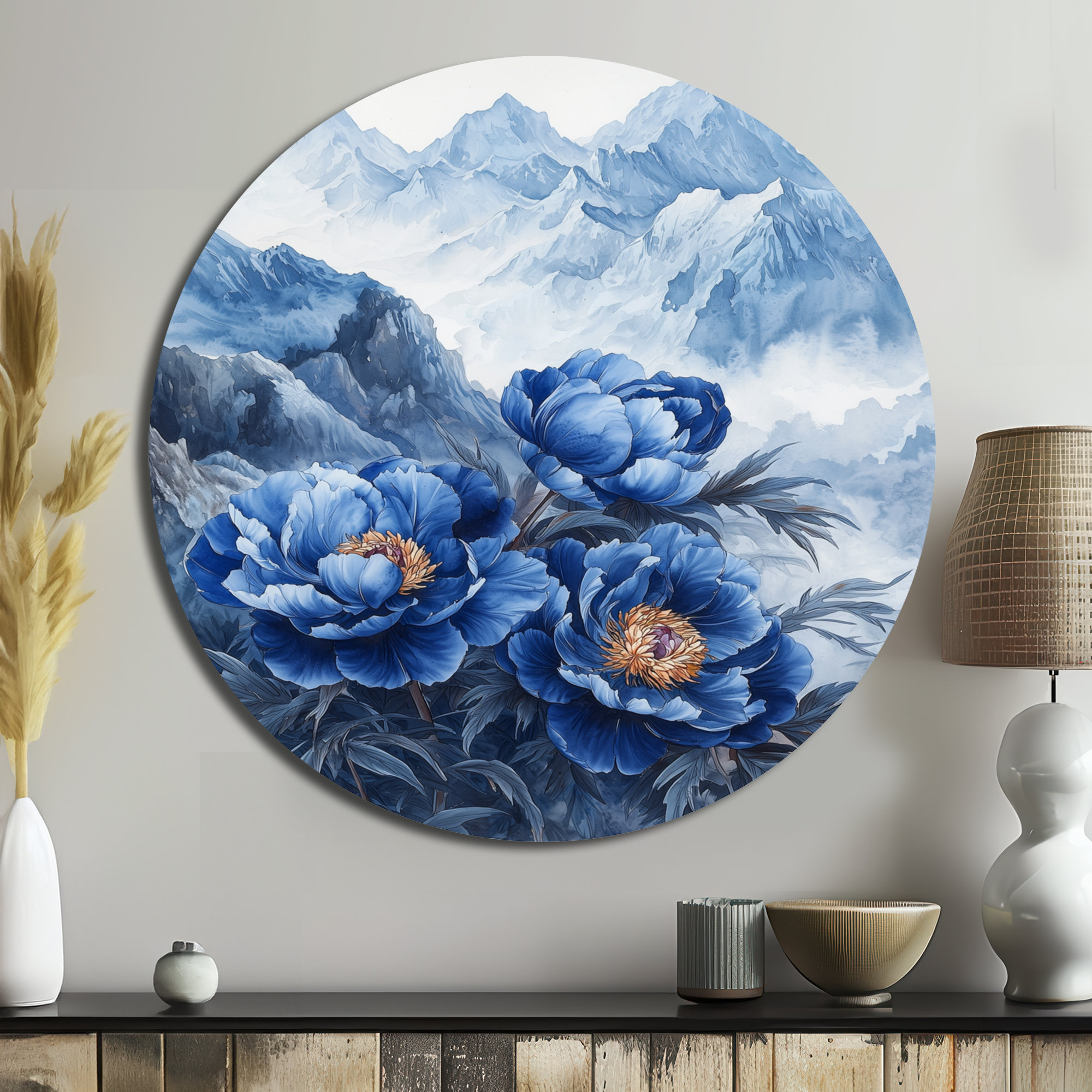 Millwood Pines Verdie - Peonies Round Metal Wall Art, Traditional Blue ...