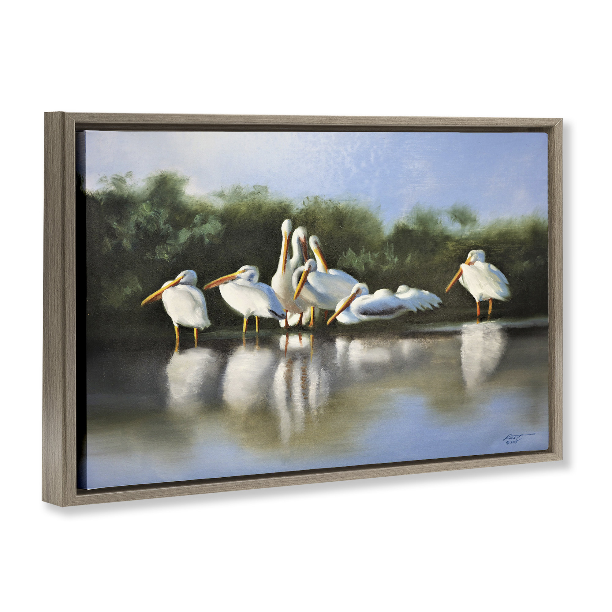 Beachcrest Home™ White Pelicans Flock Gold Framed Floater Canvas by D ...