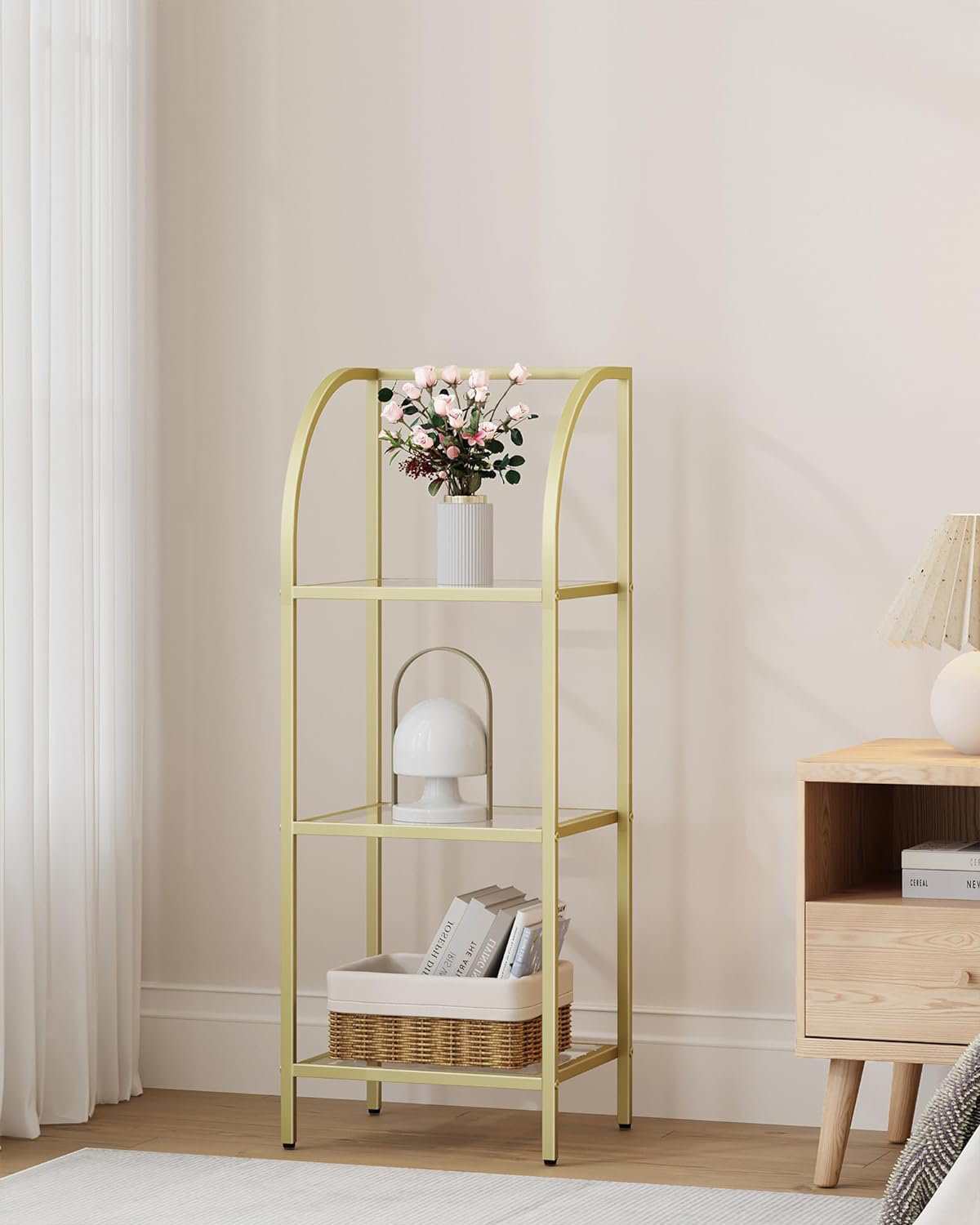 Elaine Mercure 3 Tier Bookcase Bookshelf, Tempered Glass Arched ...