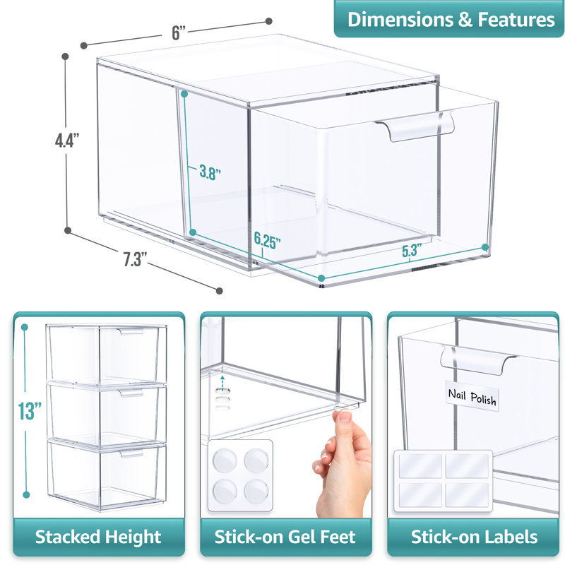 Sorbus 3 Pack Clear Stackable Acrylic Kitchen and Bathroom Drawer ...