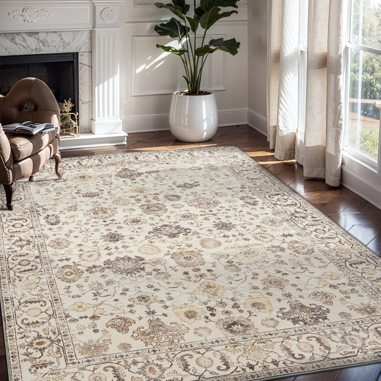Winston Porter Machine Washable Non-Skid Printed Neutral Beige Oriental ...