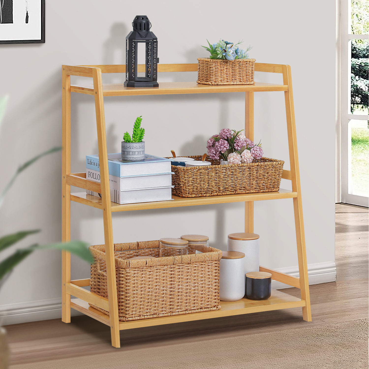 Ebern Designs Barrelville Bamboo Ladder Bookcase Bookshelf Open Book ...