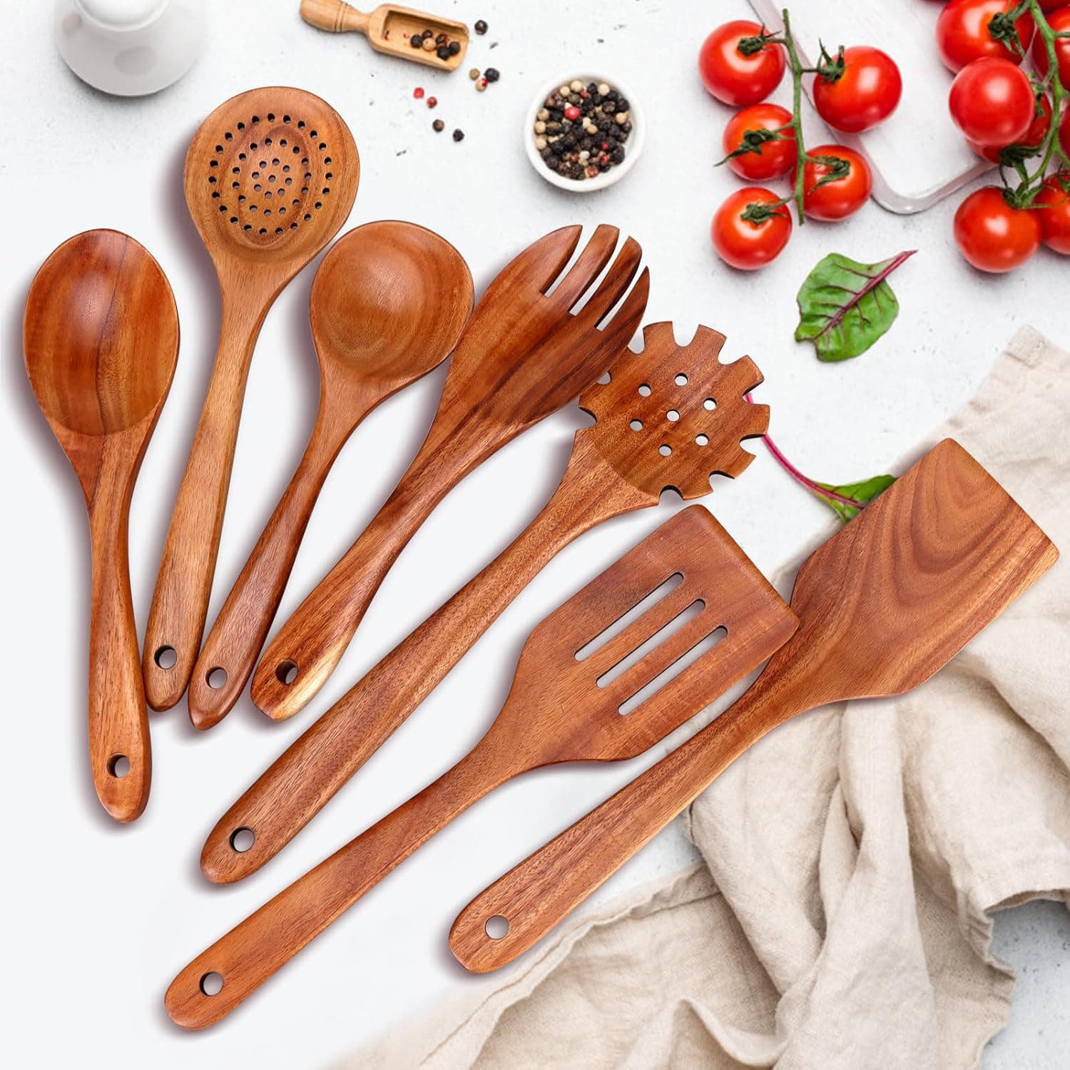 wuyi Premium Teak Wood Kitchen Utensil Set, 7-Piece Non-Scratch Cooking ...
