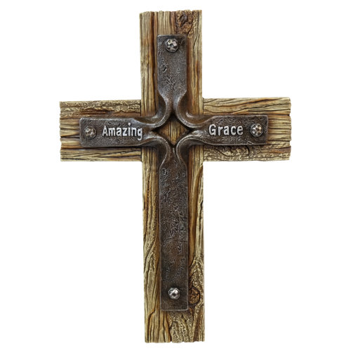 Millwood Pines Polyresin Distressed Wood Amazing Grace on Iron Cross ...