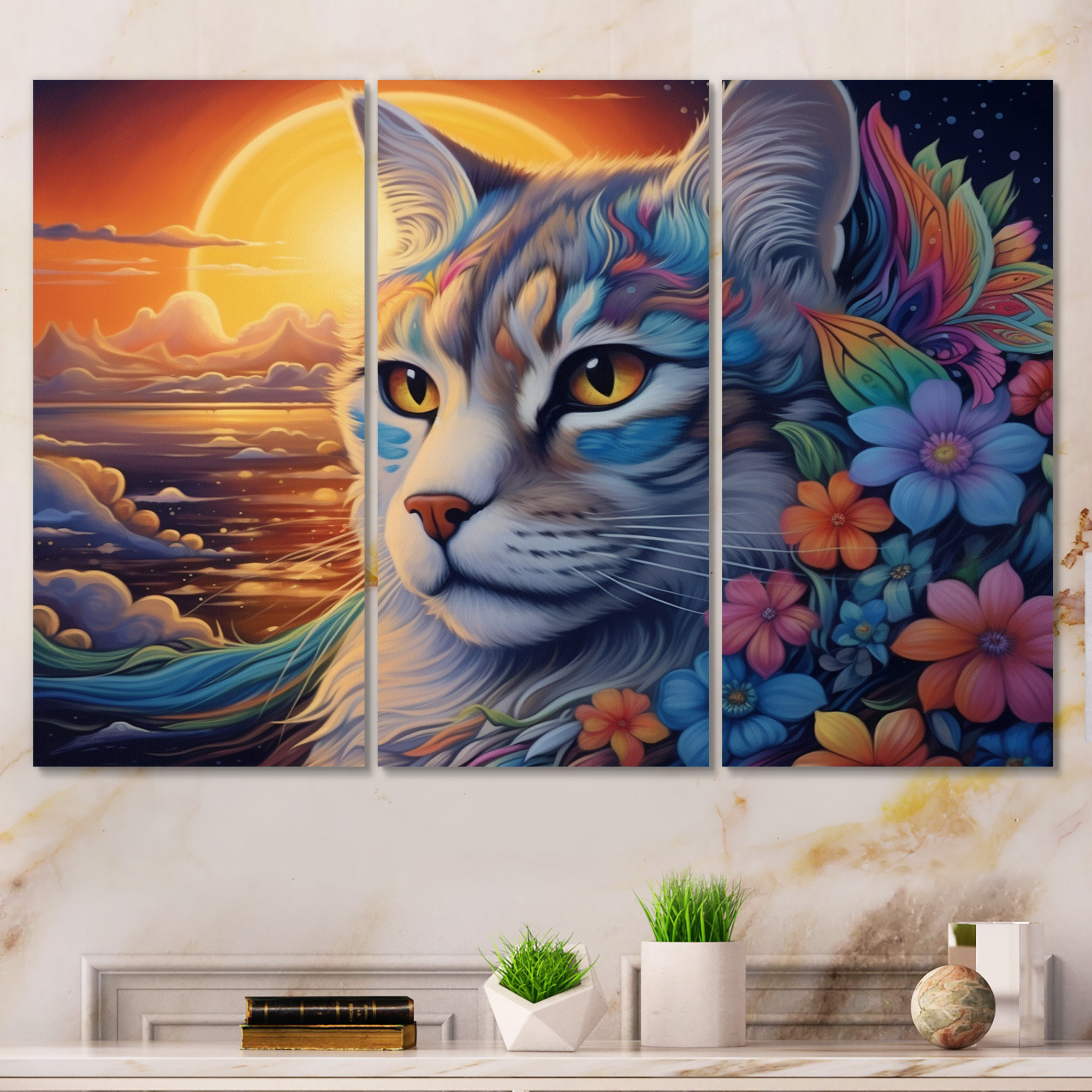Design Art Glorious Cat With Rainbows Flower At Sunset - Animals Cat ...