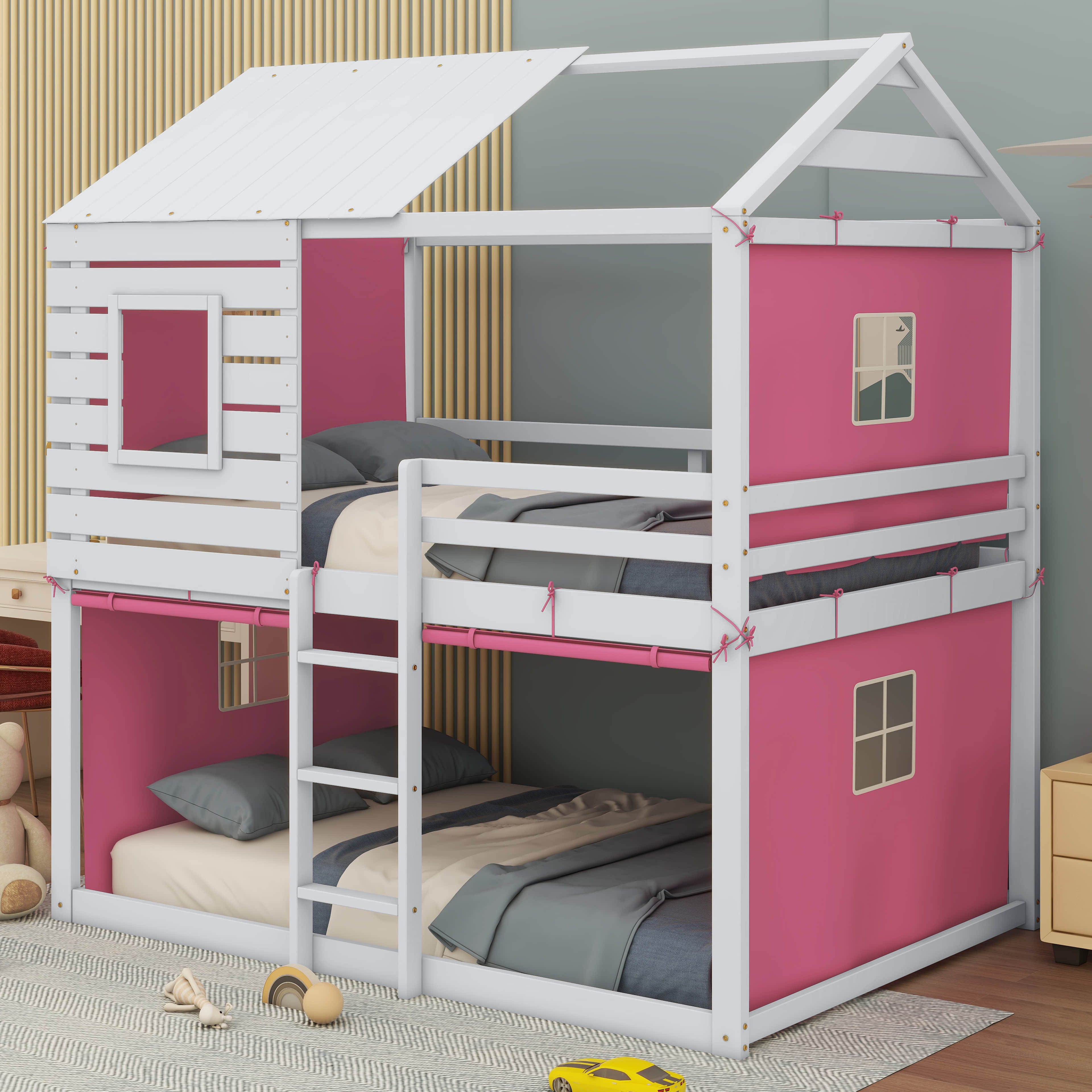 Harper Orchard Yaraghi Bunk Wood House Bed with Tent | Wayfair