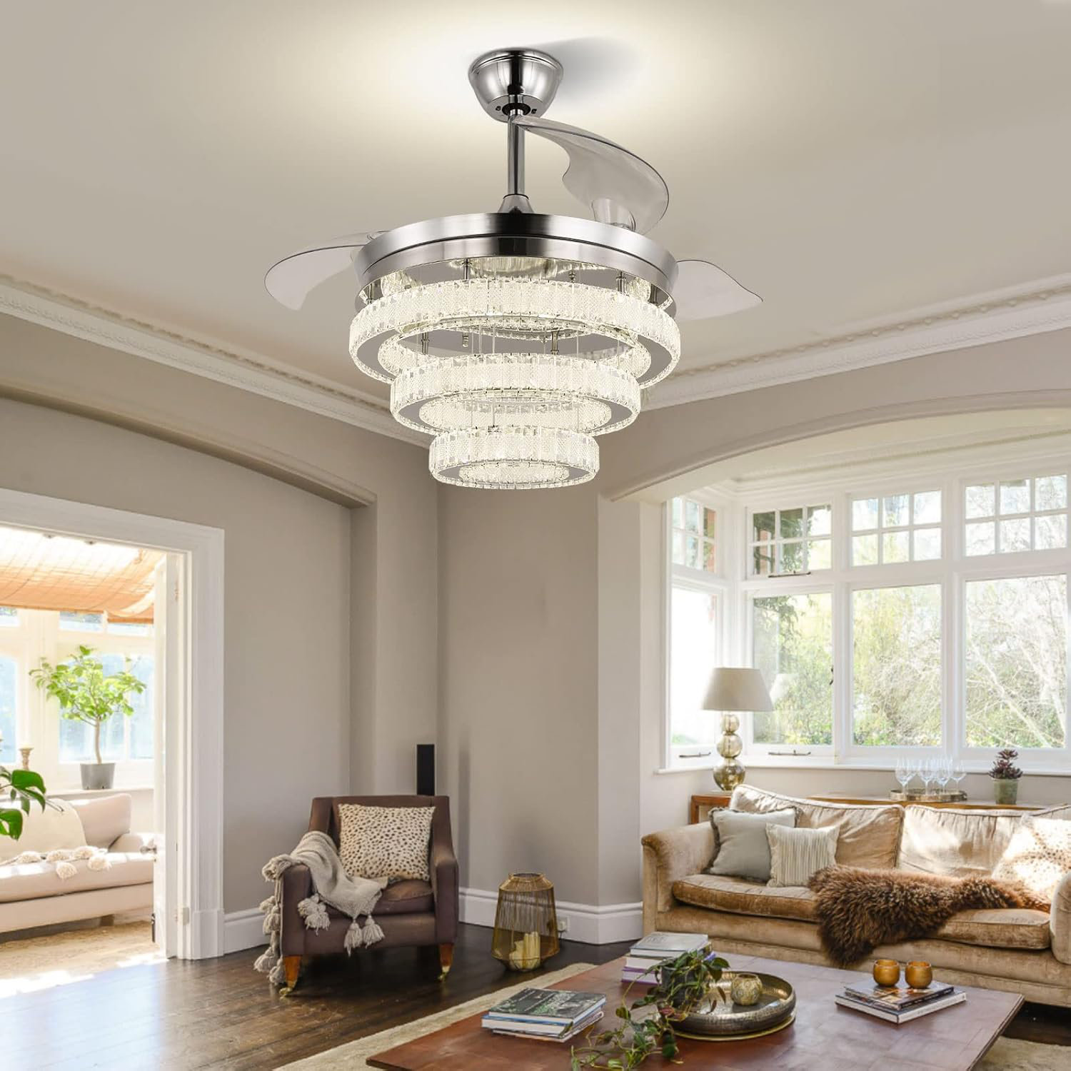 Everly Quinn Crystal Chandelier Ceiling Fans With Lights Dimmable LED ...