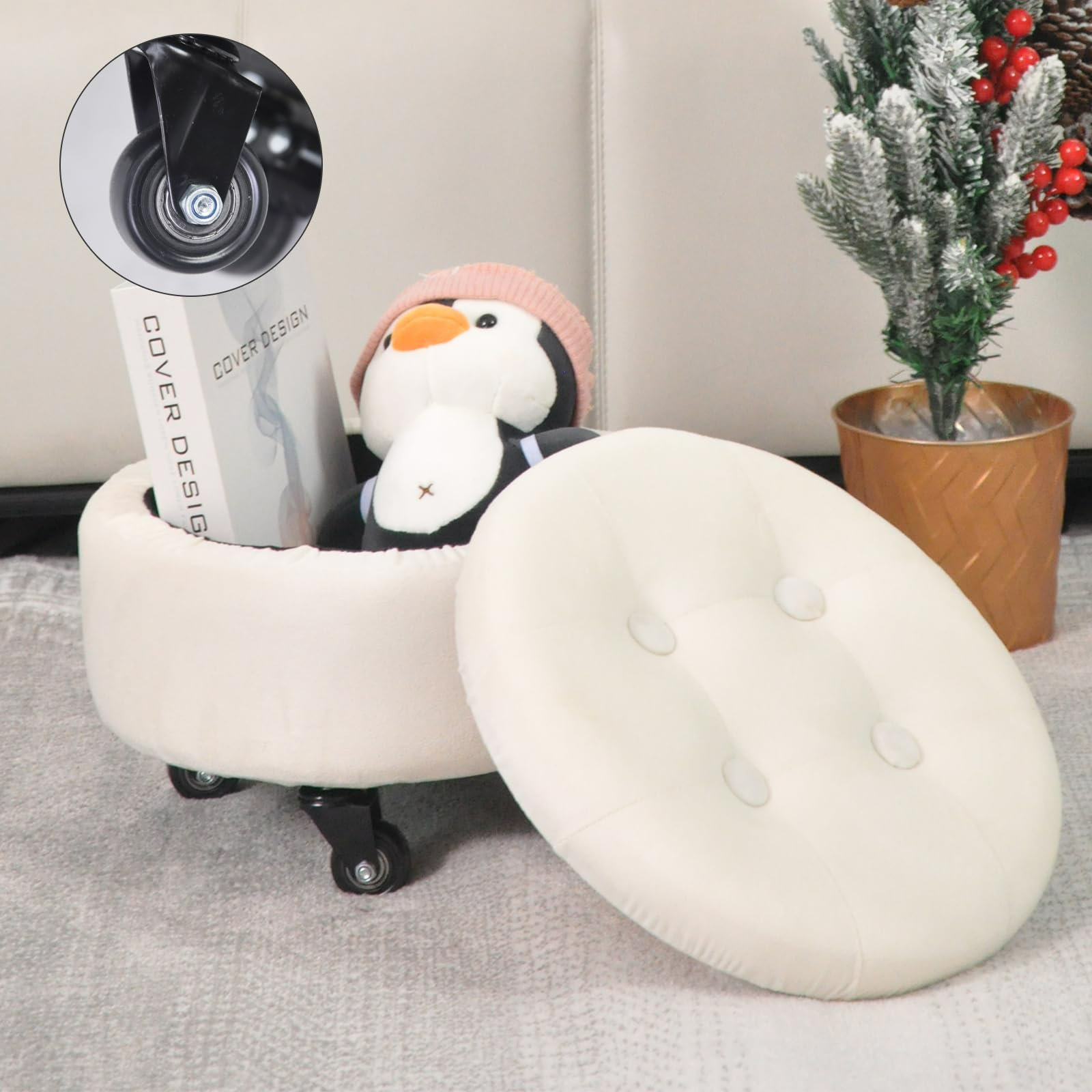 Mercer41 Storage Ottoman Round Foot Stool With 360° Wheels Velvet ...