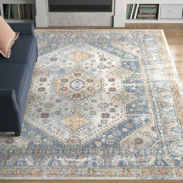 Langley Street® Washburn Machine Washable Oriental Blue/Ivory Area Rug ...
