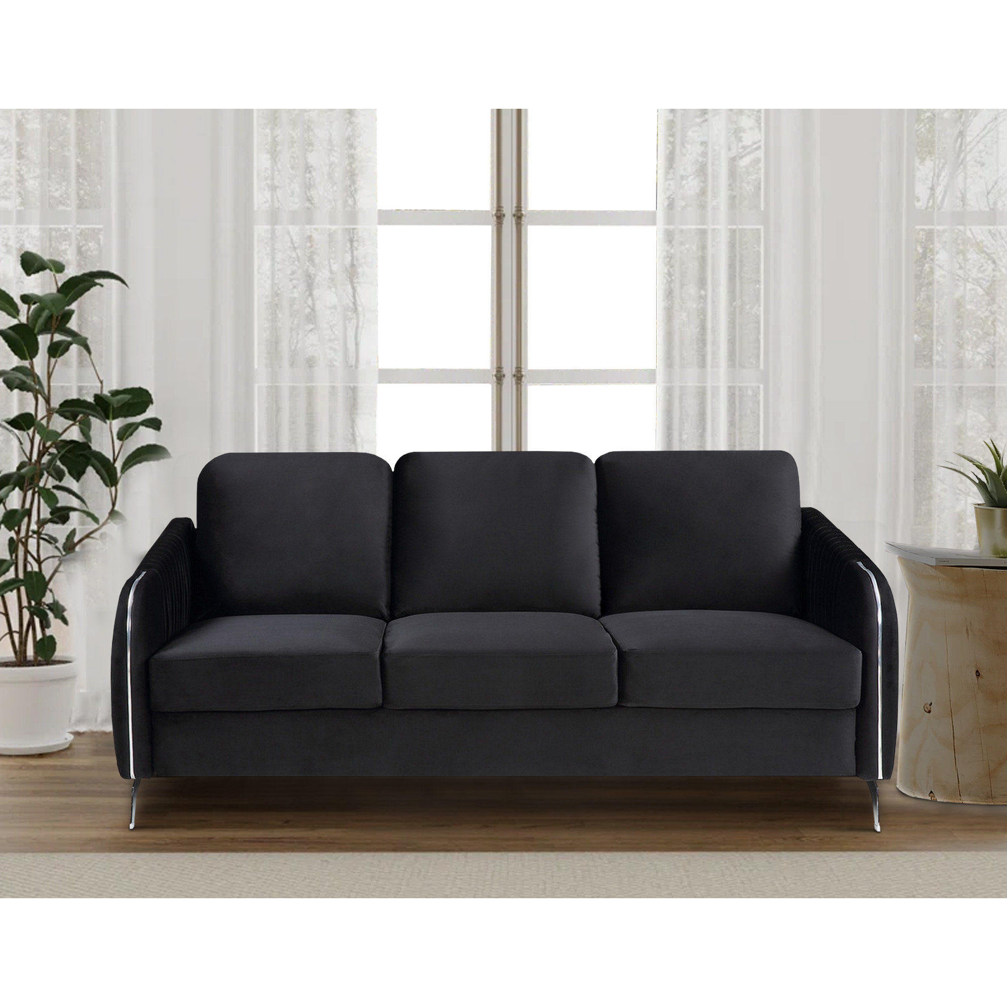 Ivy Bronx 77 Inch Modern Sofa, Vertical Quilted Design, Velvet Fabric ...